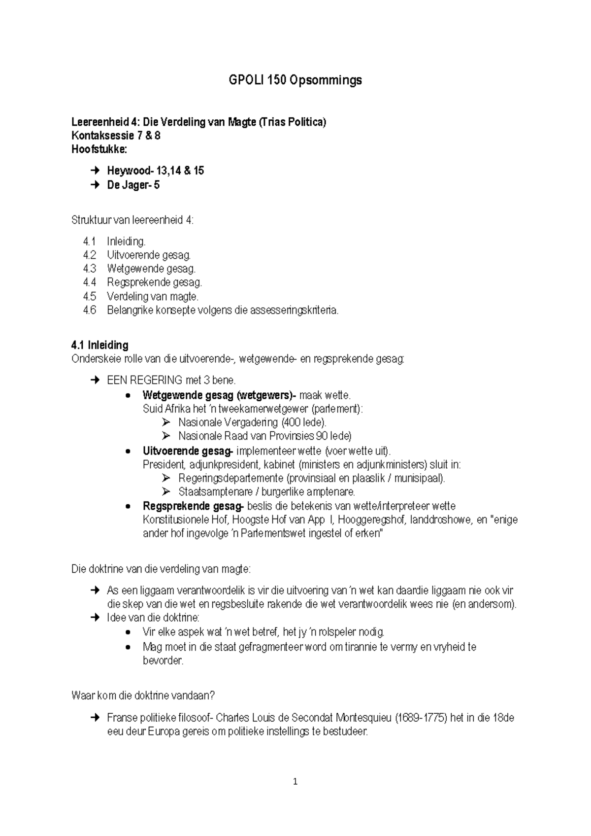 GPOLI 150 Opsommings Leereenheid 4: Verdeling van Magte en ...