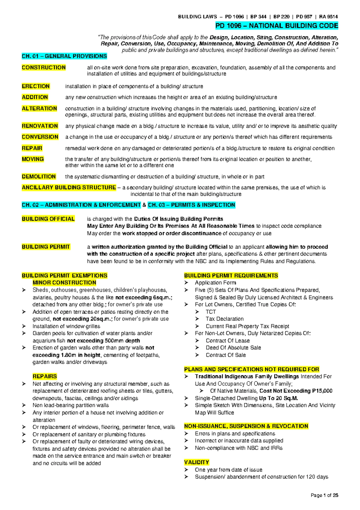 ALE SUMMARIES 2023 - PD 1096 – NATIONAL BUILDING CODE “The provisions ...