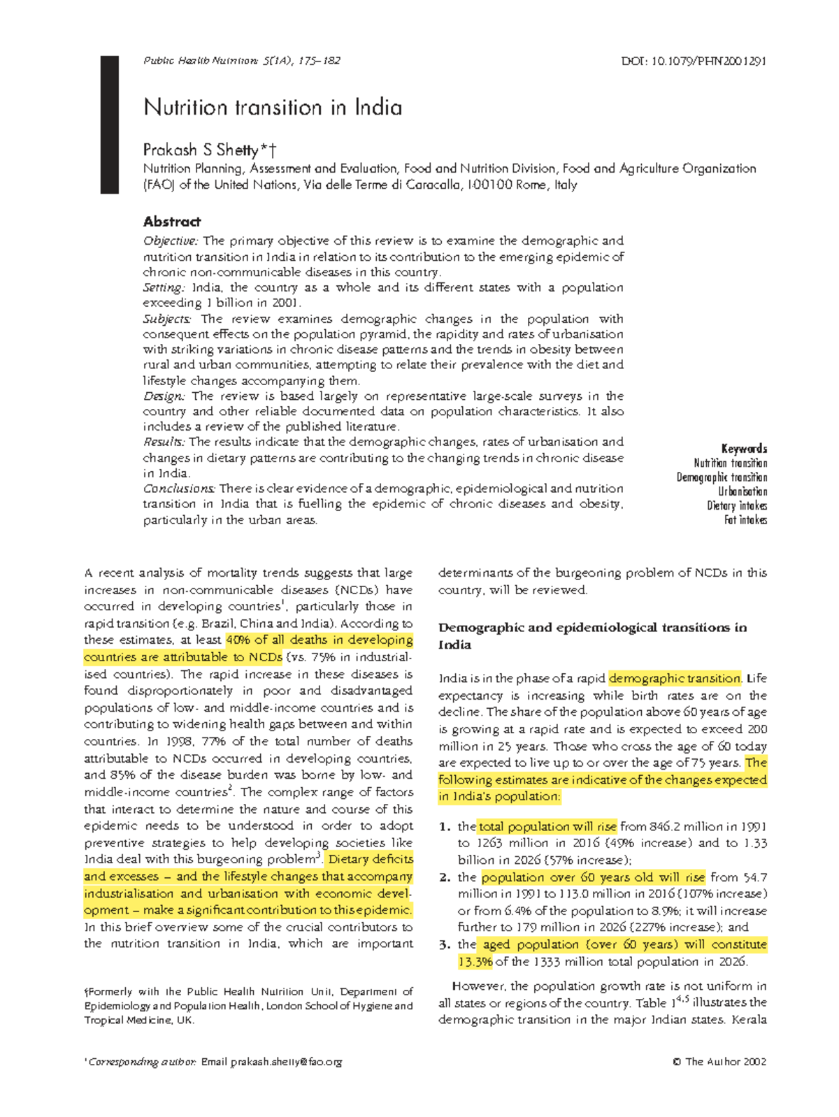 Nutrition Transition and Chronic Diseases in India: PS 5(1A) - Studocu