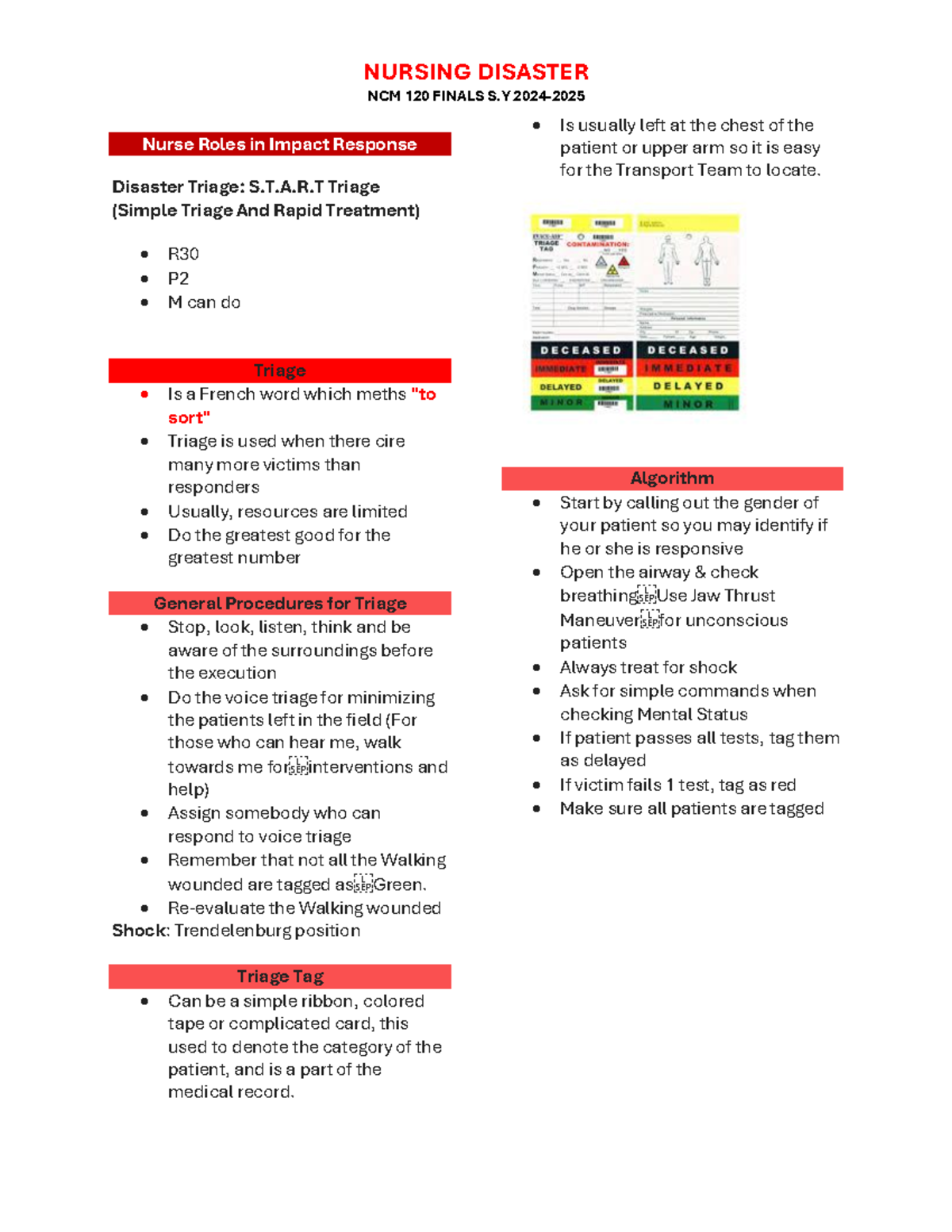 NCM 120 Nursing Disaster Finals: Triage & Response Strategies - Studocu
