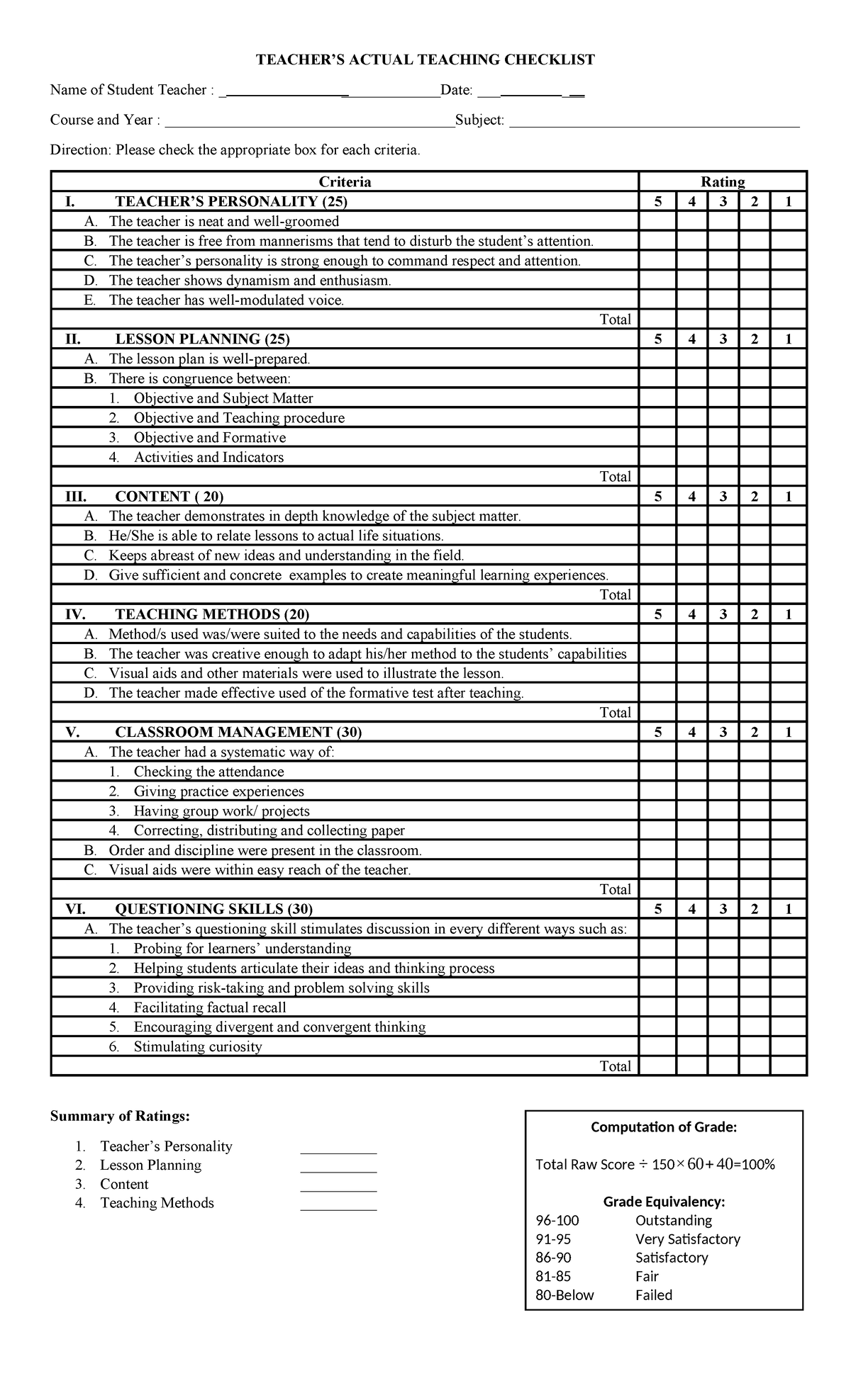 ACTUAL TEACHING CHECKLIST: Evaluation Criteria for Student Teachers ...