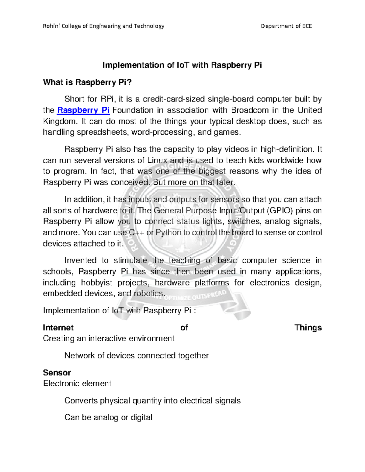 Rohini 43569840920 - IoT Implementation Using Raspberry Pi - Studocu