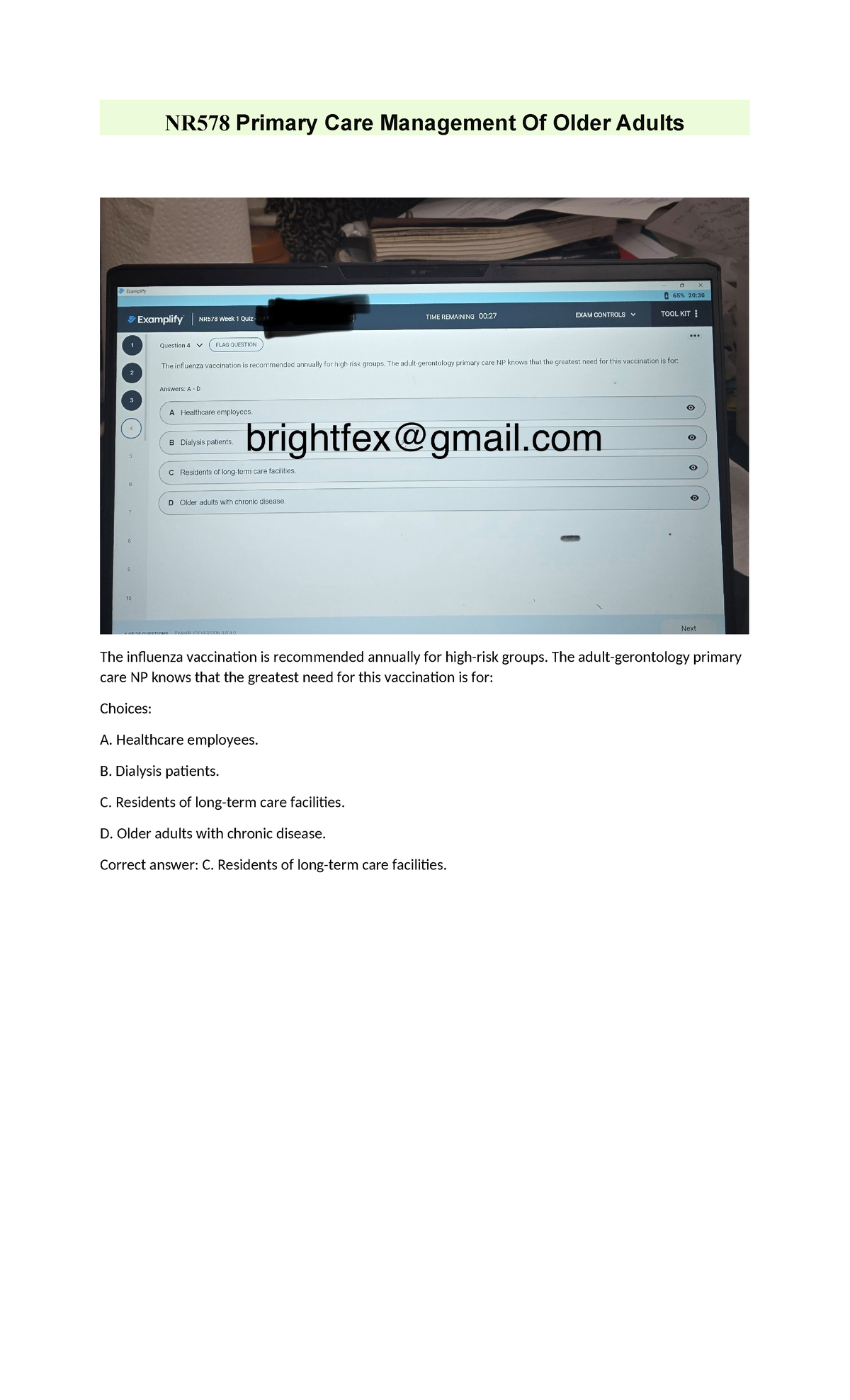 NR578 Primary Care Management of Older Adults: Key Concepts and Quiz ...