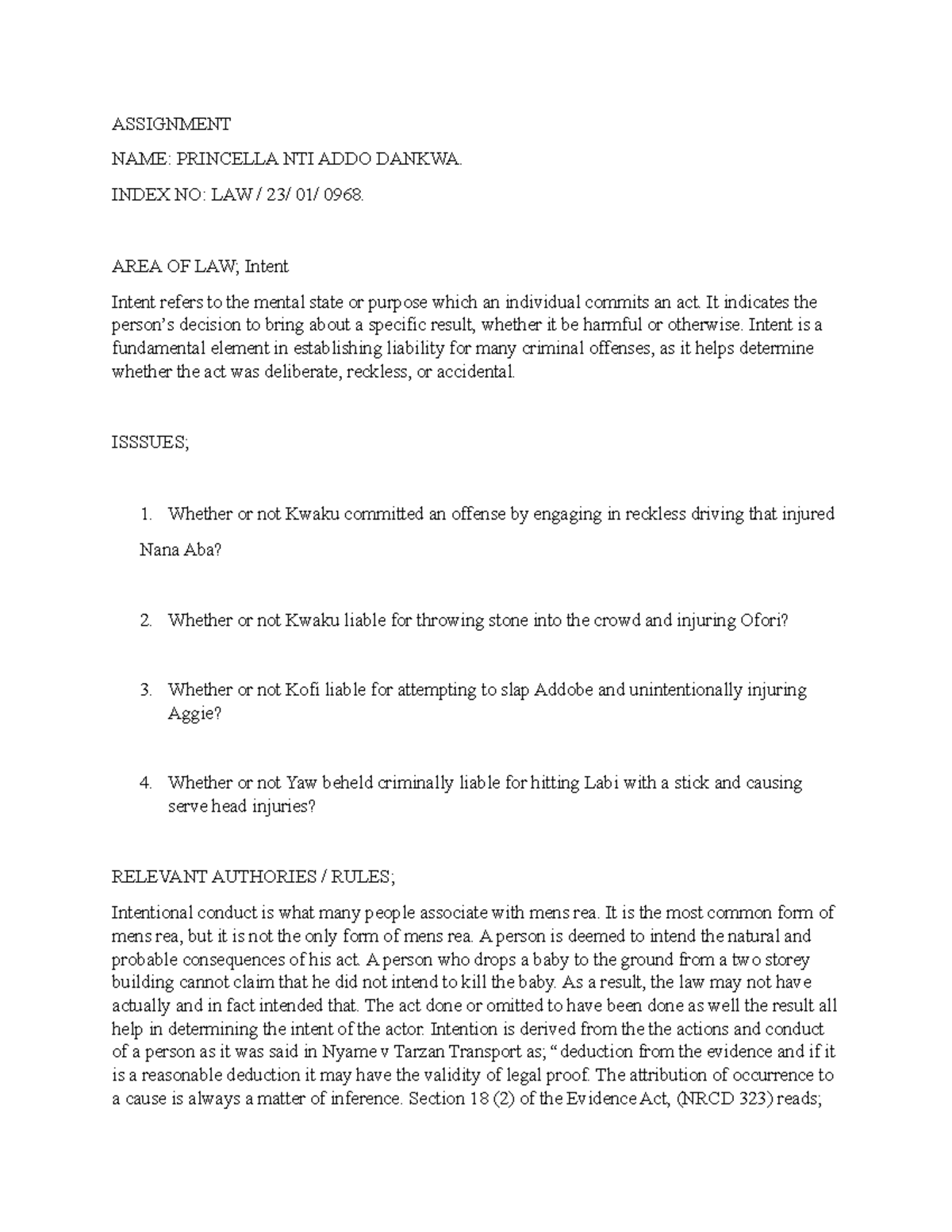 LAW 23 - Assignment on Intent and Criminal Liability Analysis - Studocu