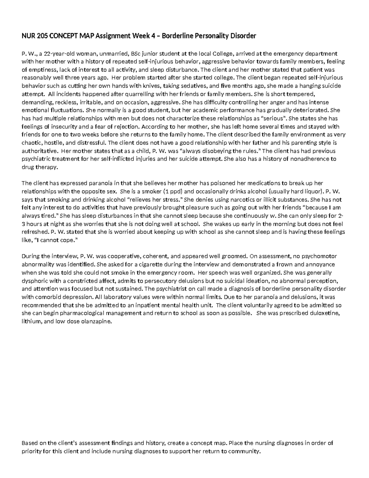 NUR 205 Concept Map: Week 4 on Borderline Personality Disorder - Studocu