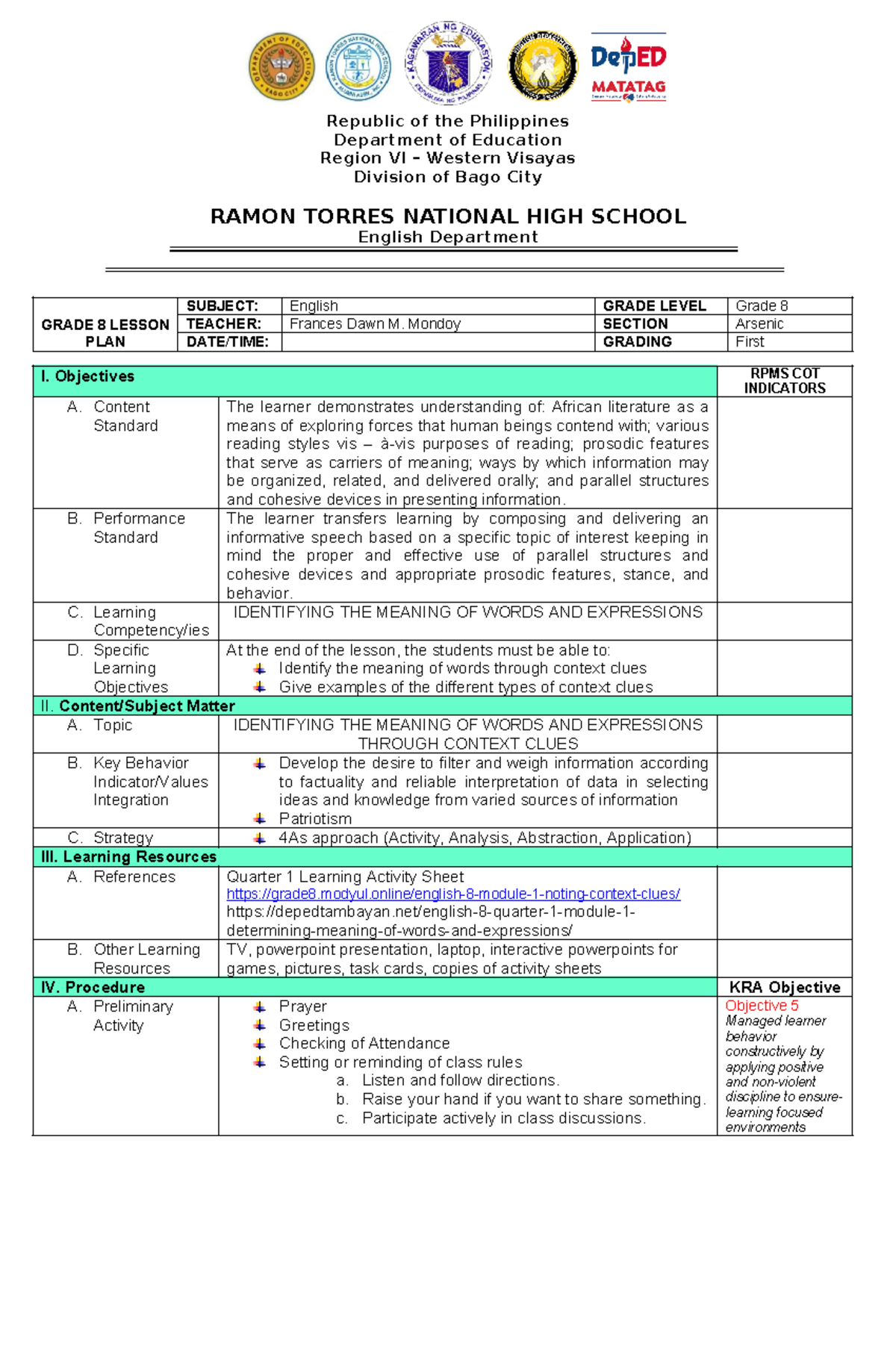 sample lesson plan in quarter 1 english - Republic of the Philippines ...