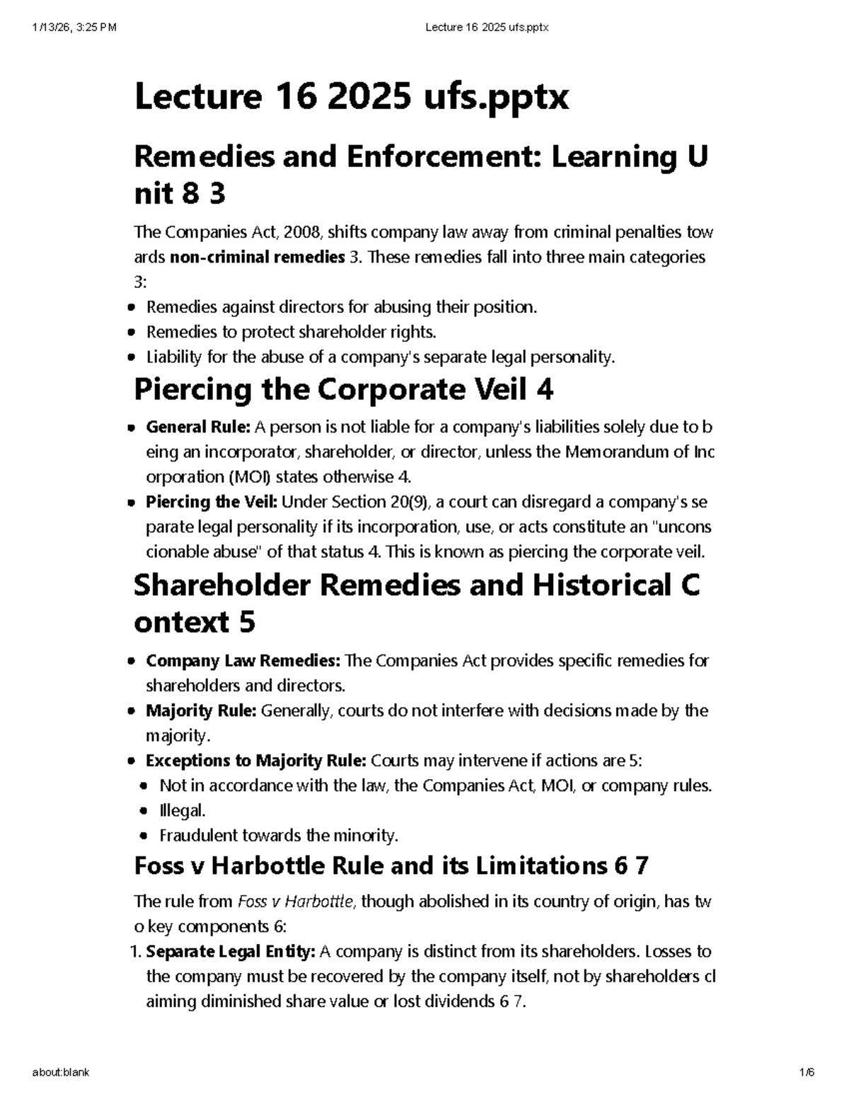 Lecture 16 2025 UFS: Remedies and Enforcement in Company Law - Studocu