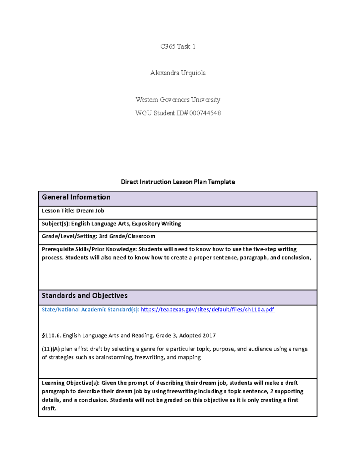 C365 Task 1 - Dream Job Lesson Plan for 3rd Grade ELA - Studocu