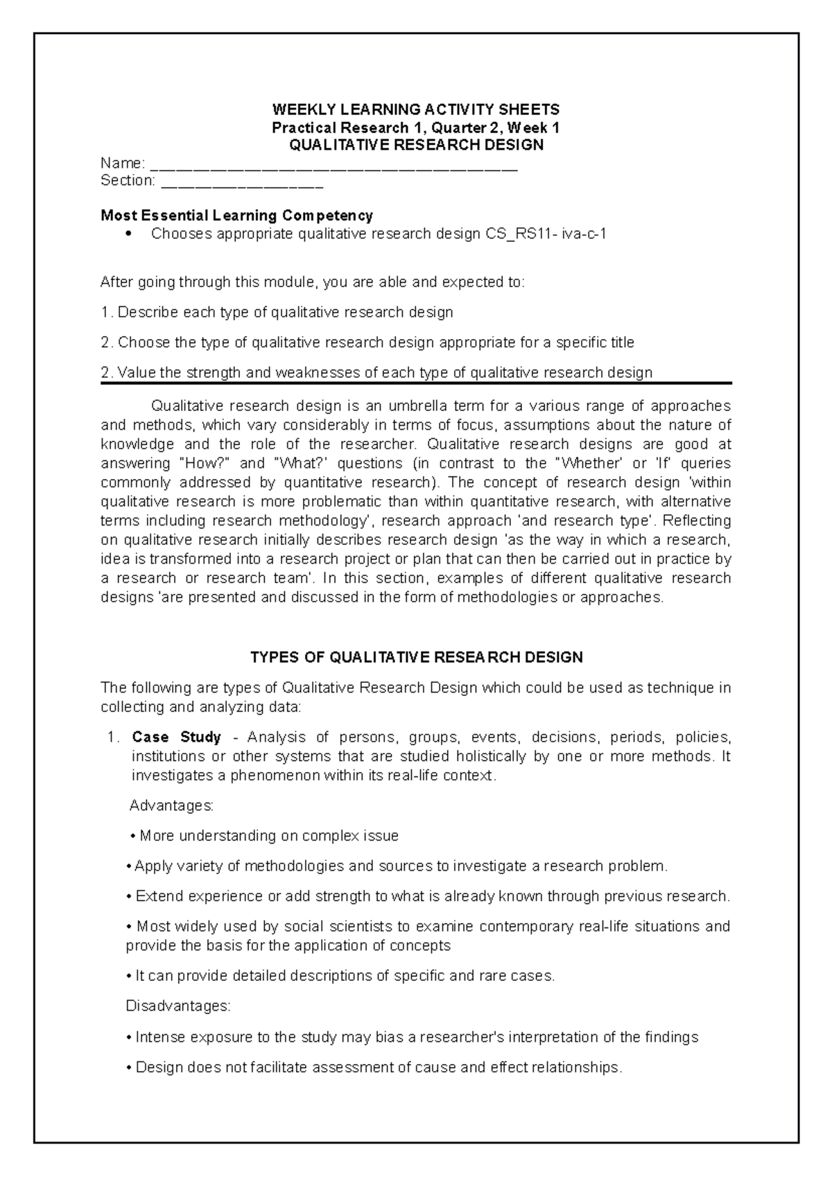 Practical Research 1: Qualitative Research Design Weekly Activity ...