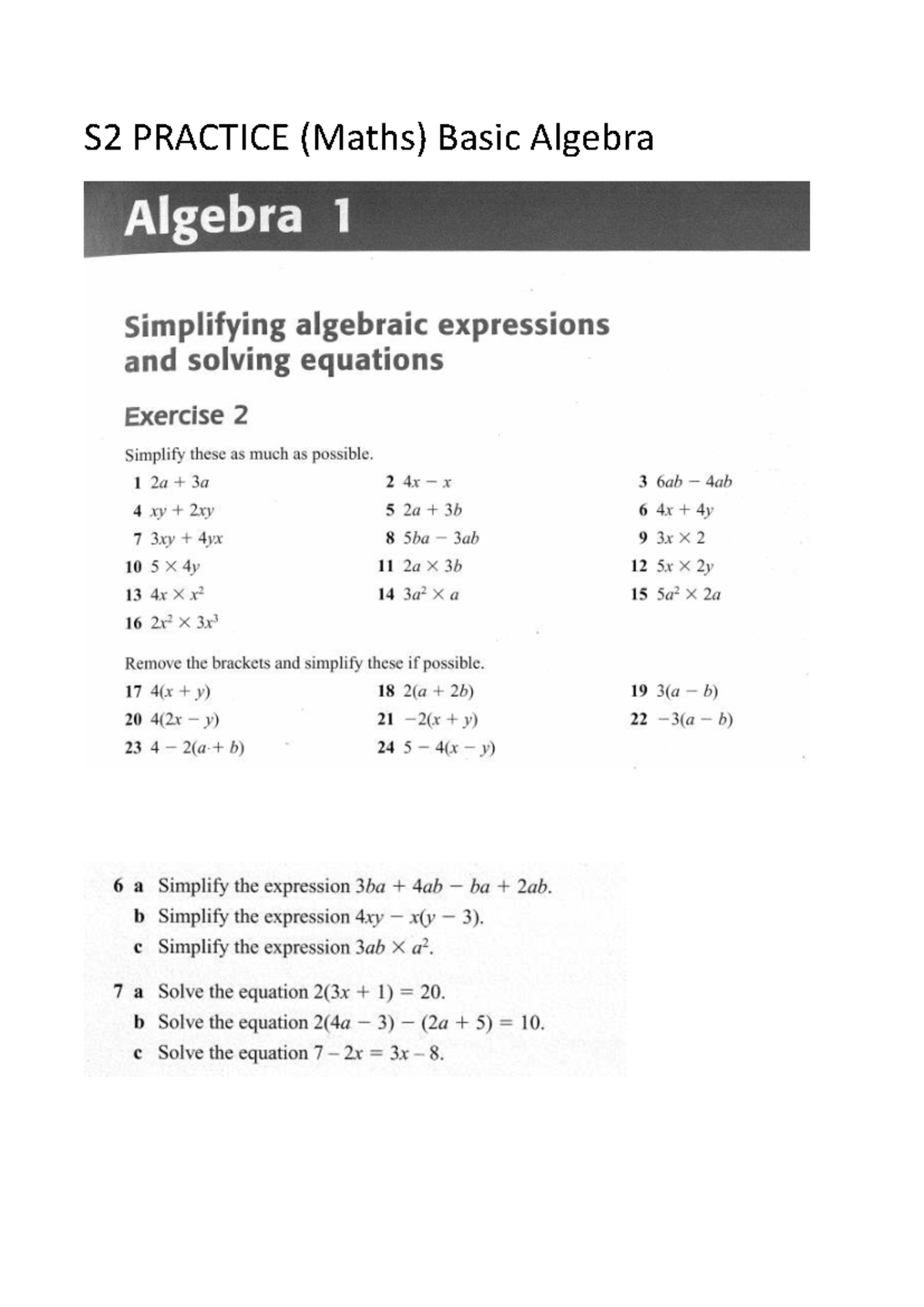 S2 PRACTICE: Basic Algebra - Simplifying Expressions & Solving ...