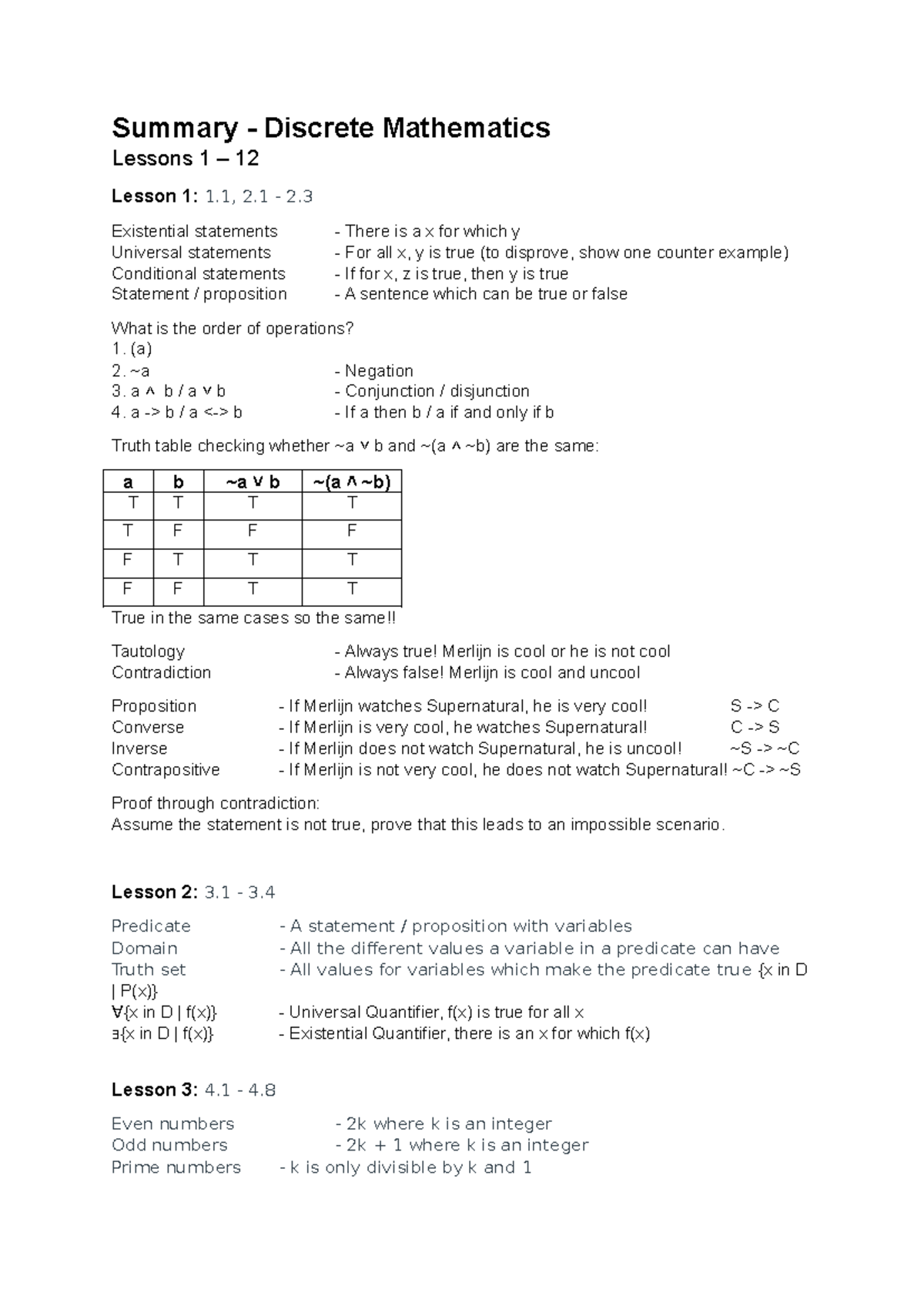 Summary of Lessons 1-12 - Discrete Mathematics (DM 101) - Studeersnel