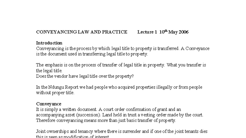 Conveyancing Law and Practice (LAW 101) Lecture Notes - Introduction ...
