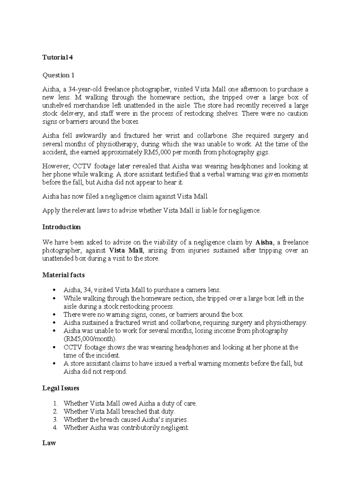 Tutorial 4: Negligence Claims Analysis for Aisha and Ali - Studocu