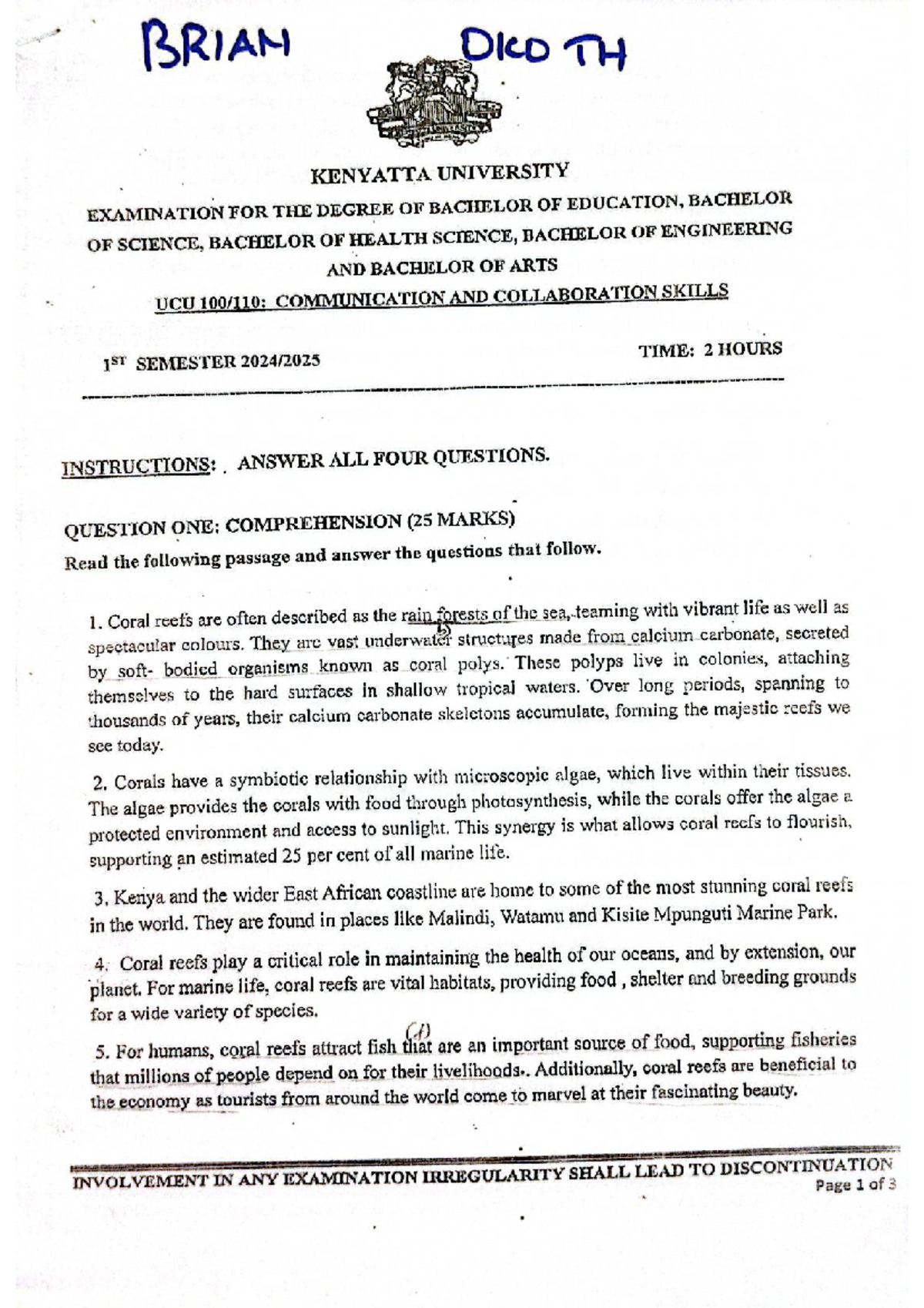 UCU 110: Communication & Collaboration Skills Past Exam Papers - Studocu