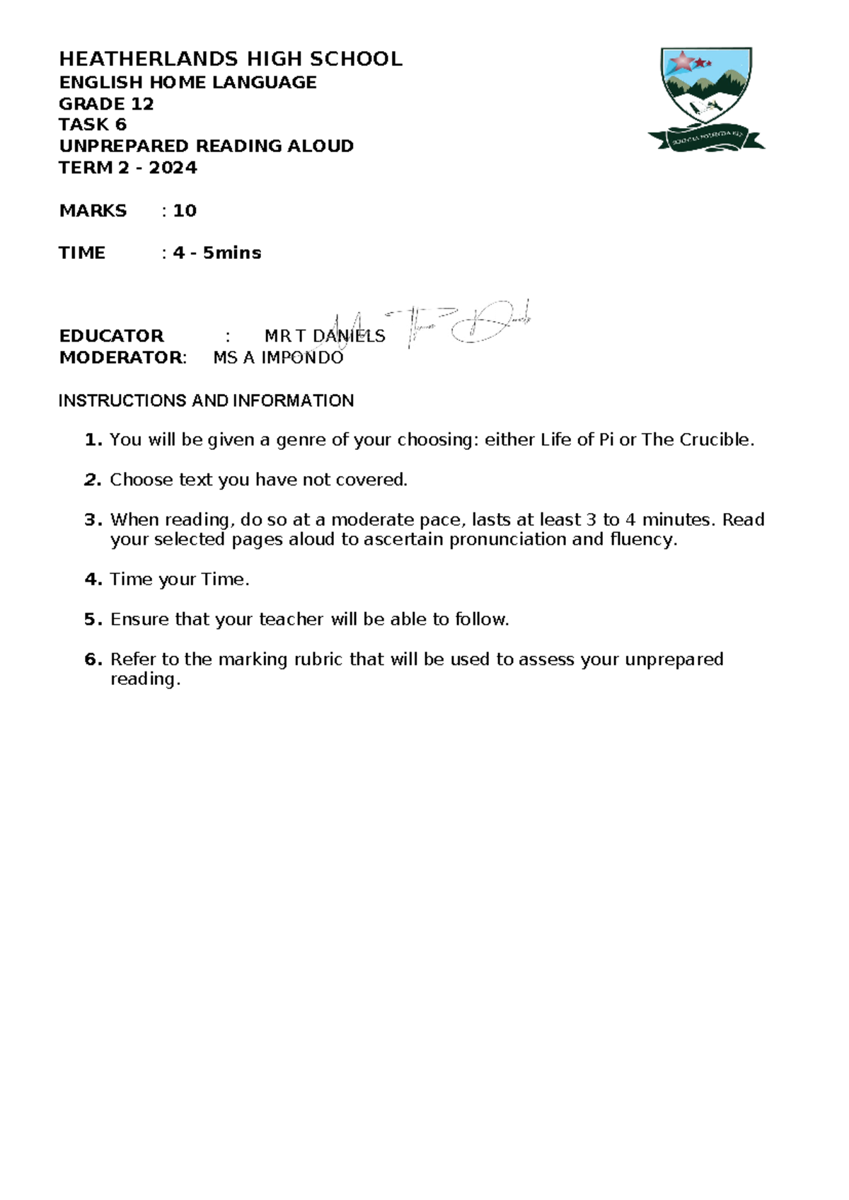 Grade 12 EHL TASK 6 TERM 2 Unprepared Reading Aloud Guidelines - Studocu