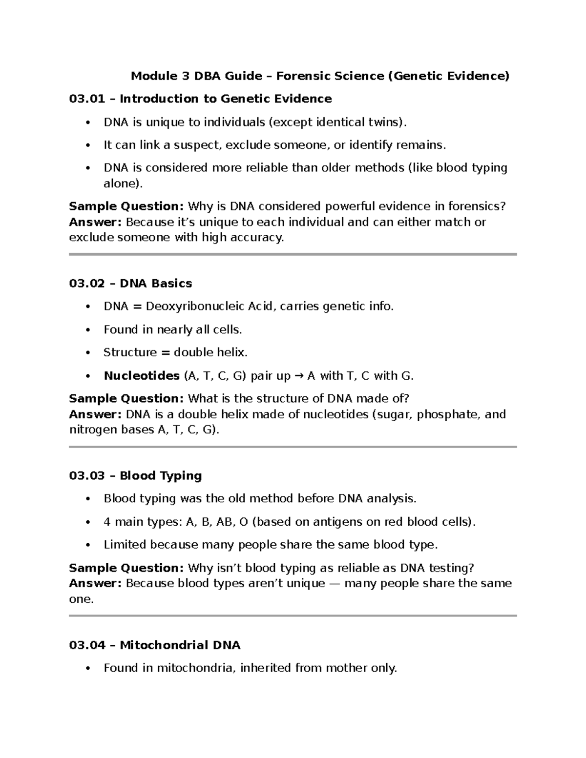 Module 3 DBA Guide: Forensic Science & Genetic Evidence Overview - Studocu