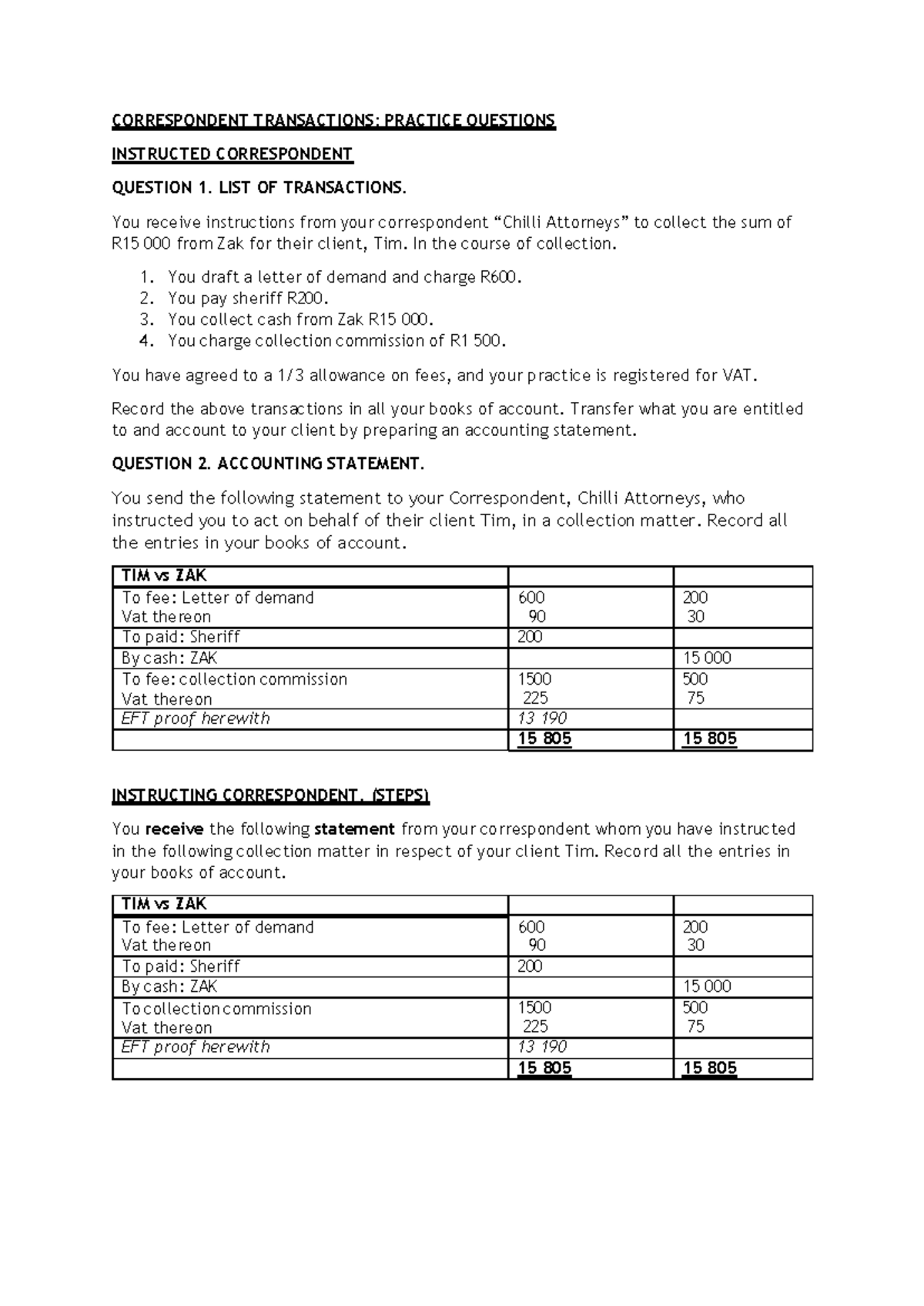 CORRESPONDENT TRANSACTIONS: PRACTICE QUESTIONS & ACCOUNTING STATEMENTS ...