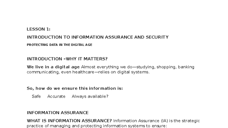 Lesson 1: Introduction to Information Assurance & Security (IT 101 ...