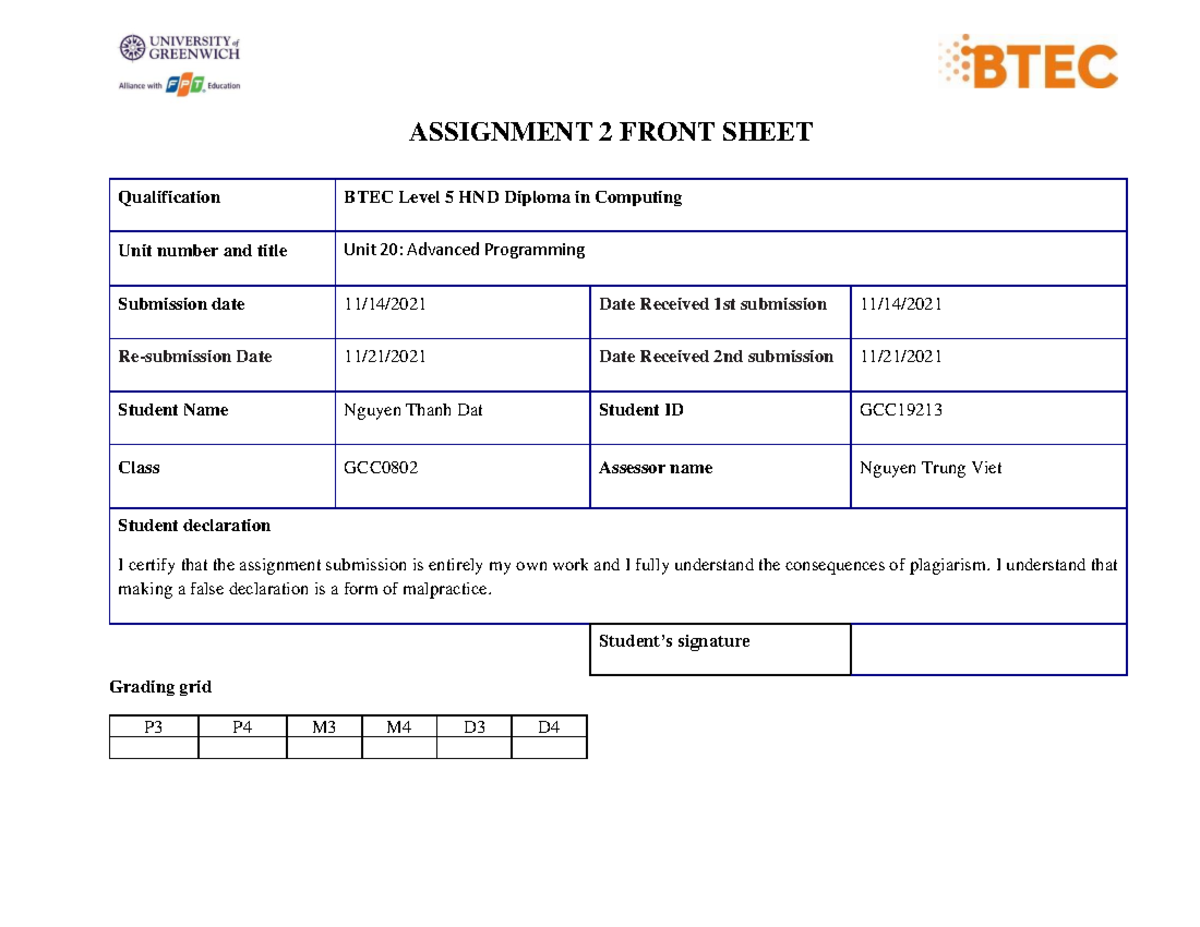 Assignment 2 Nguyen Thanh Dat GCC19213 - ASSIGNMENT 2 FRONT SHEET ...