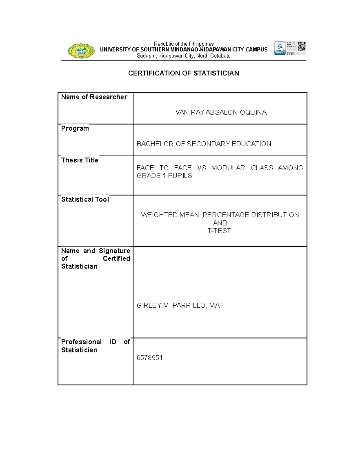 Certification OF Statistician tabular - Republic of the Philippines ...