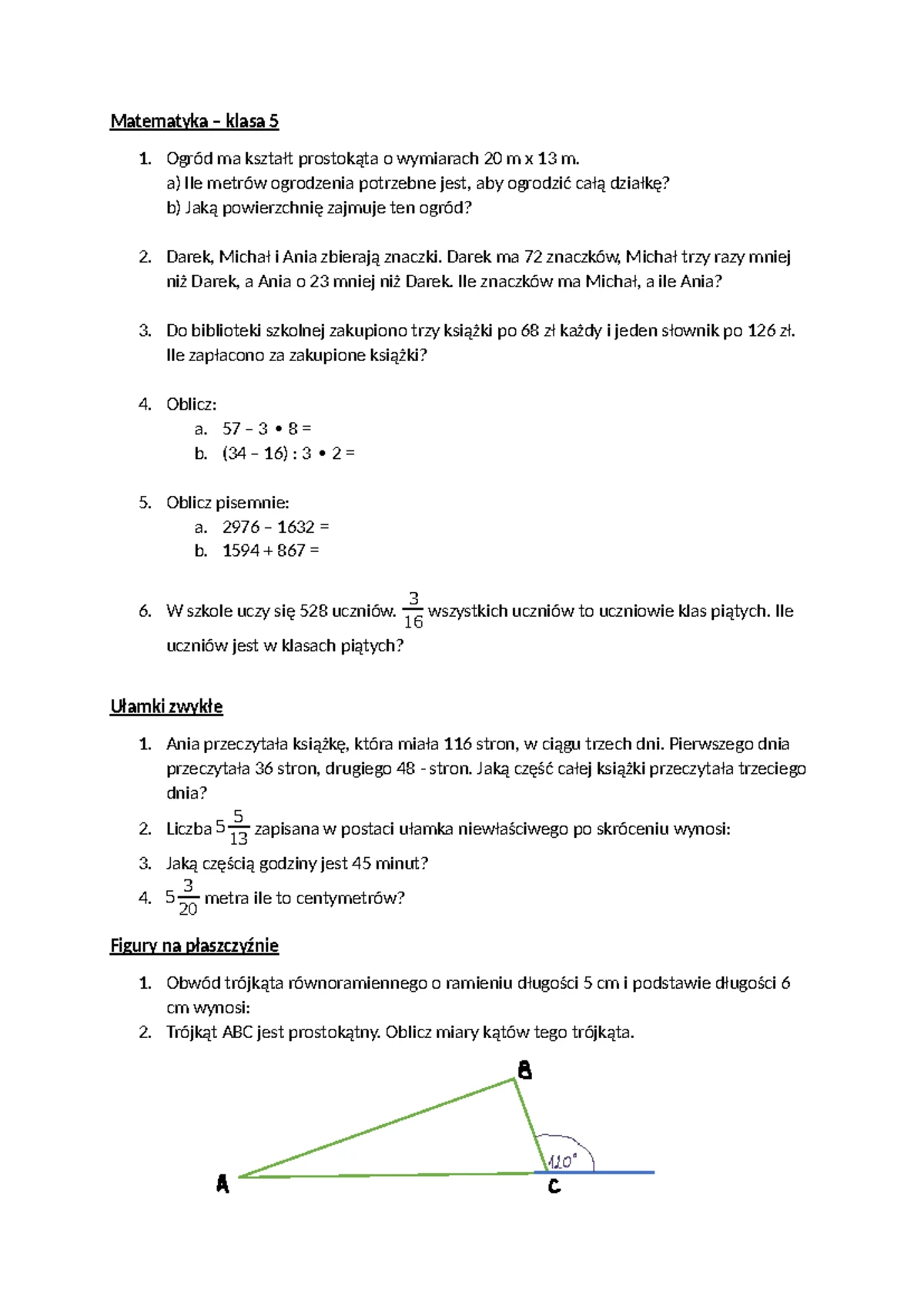 Liczby całkowite - Klasa 5 - Zestaw zadań i obliczeń - Studocu