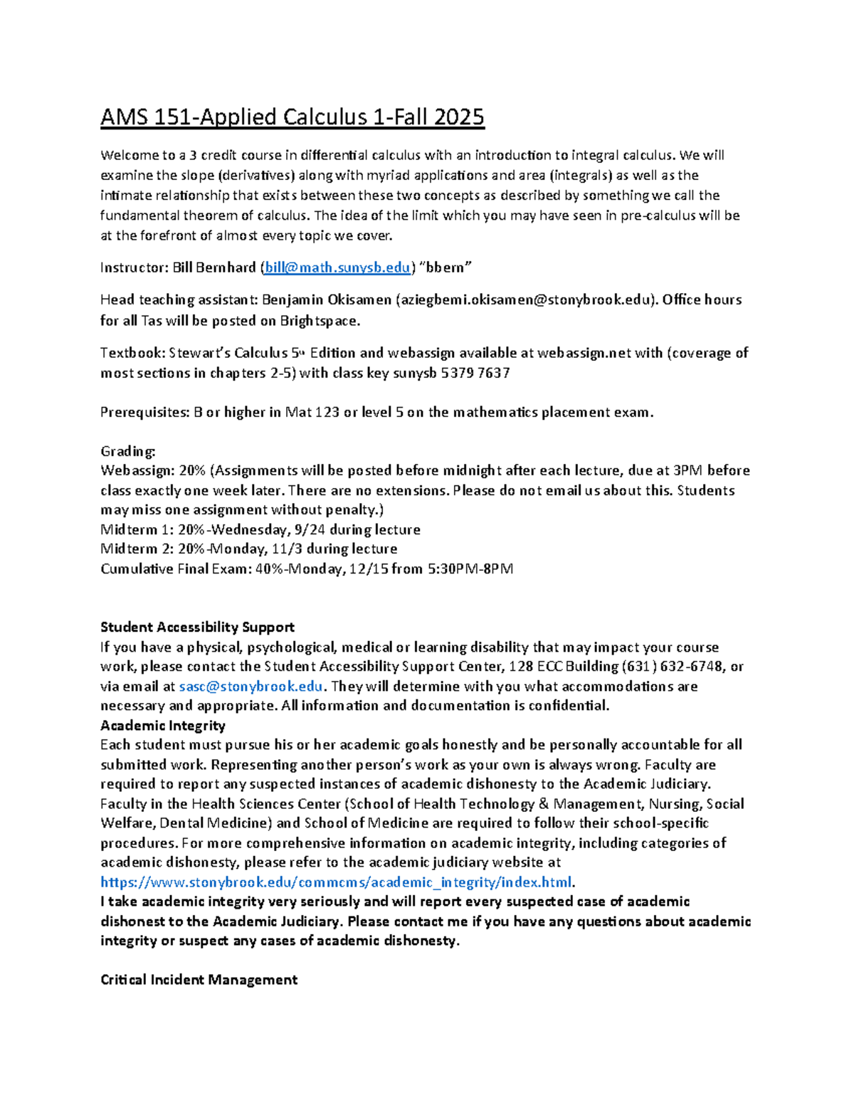 AMS 151 Syllabus: Intro to Differential & Integral Calculus - Studocu