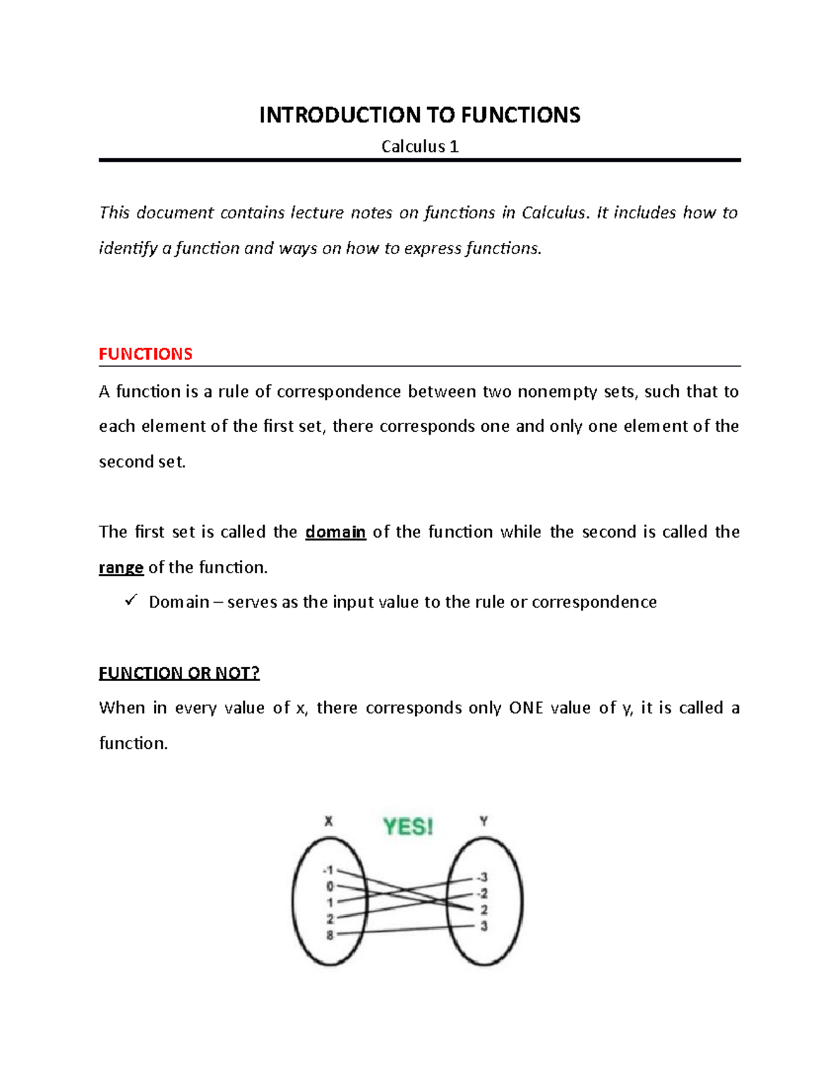 Introduction to Functions - INTRODUCTION TO FUNCTIONS Calculus 1 This ...