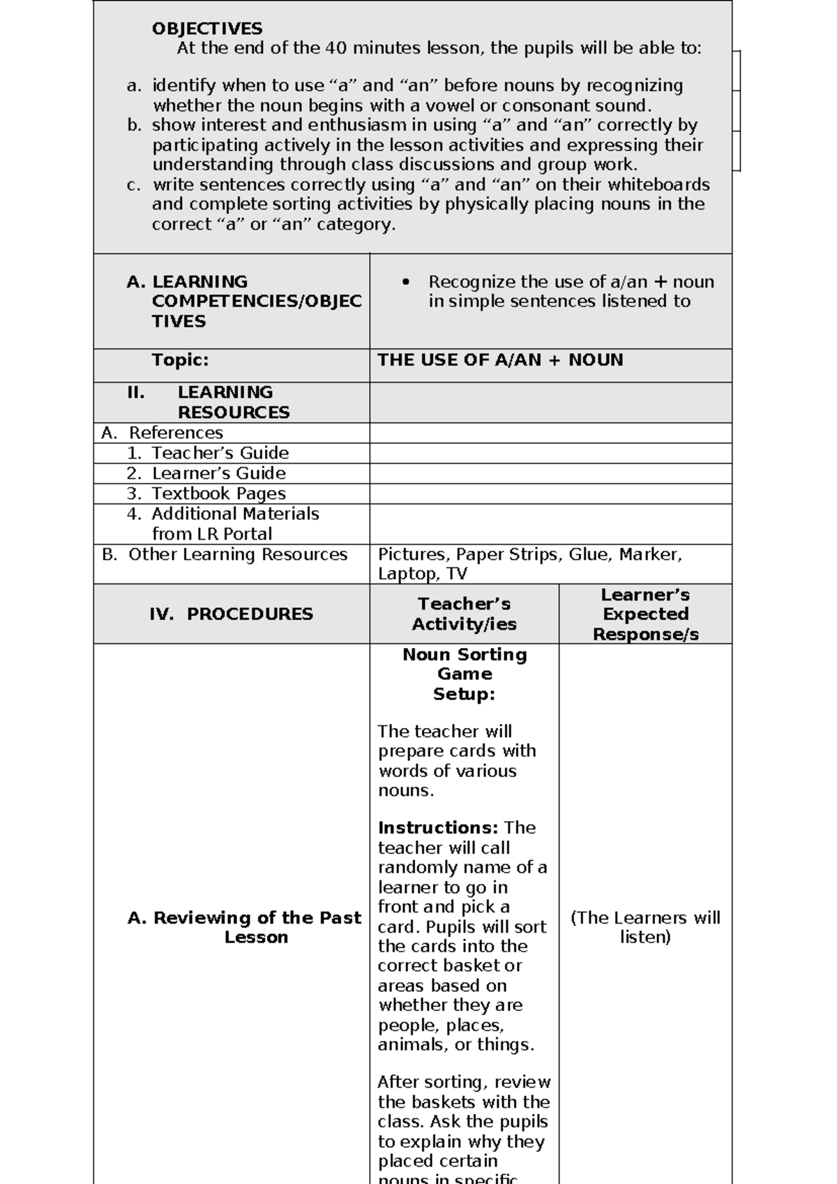 Grade 2 English Lesson Plan: Understanding Nouns and Their Uses - Studocu