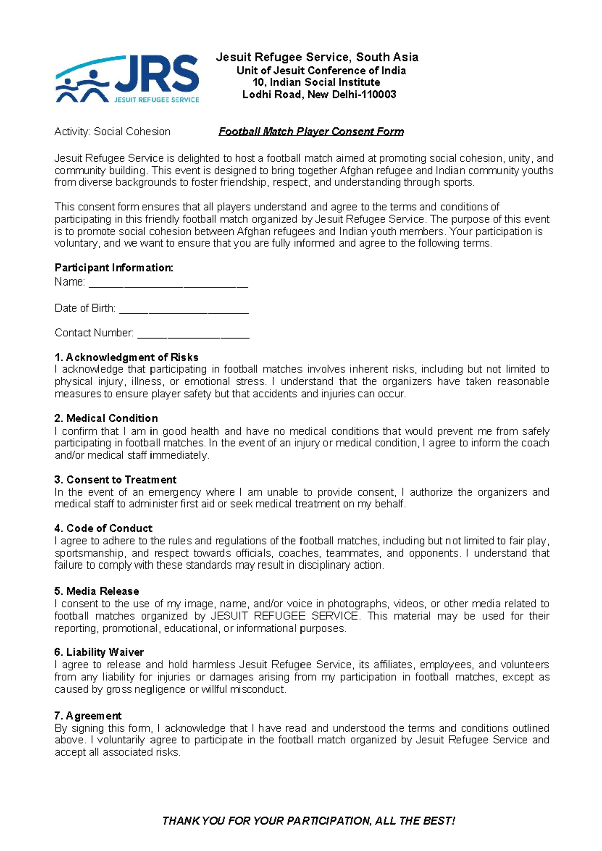 Football Match Player Consent Form - Jesuit Refugee Service - Studocu