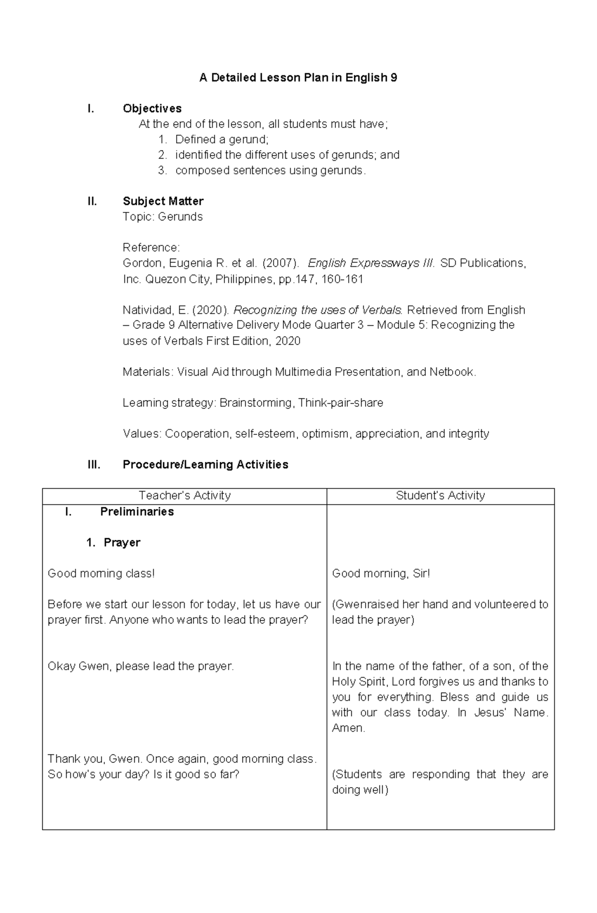 Detailed Lesson Plan on Gerunds for English 9 - Studocu