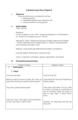 Final A Detailed Lesson Plan in 9 Gerunds - A Detailed Lesson Plan in ...