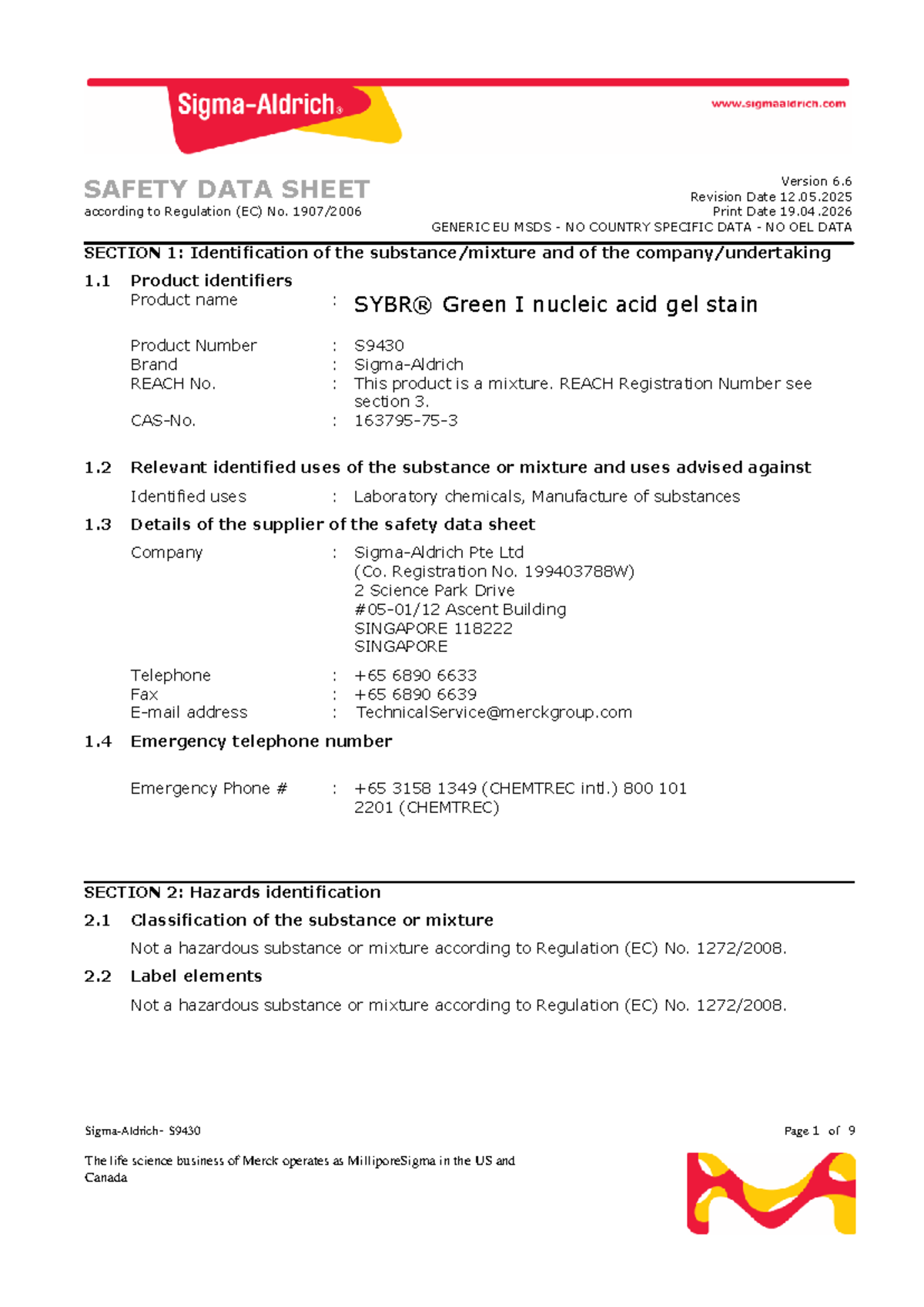 Safety Data Sheet for SYBR® Green I Nucleic Acid Gel Stain (S9430 ...