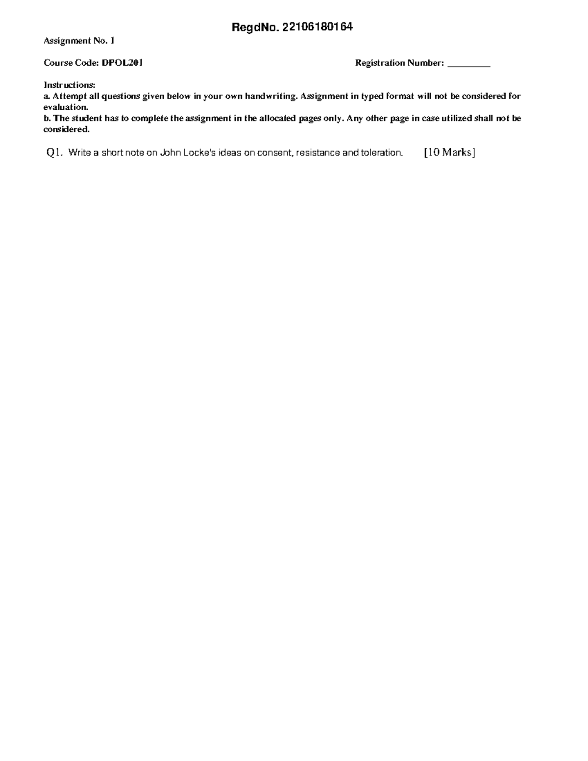 DPOL201 Assignment 1: John Locke & Rousseau Insights - Studocu