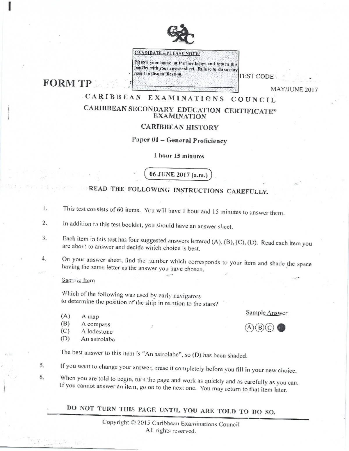 CSEC Caribbean History June 2017 Paper 1 wjyiwl - SBL-BPP/ Study Text ...