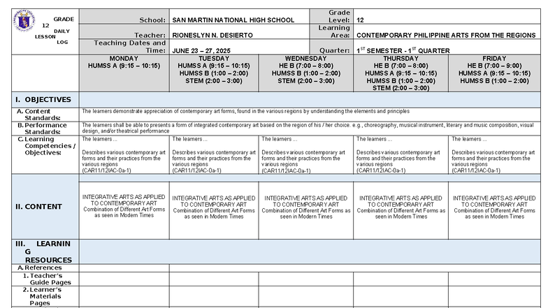 CPAR WEEK2 JUNE23-27 - dll for cpar - GRADE 12 DAILY LESSON LOG School ...