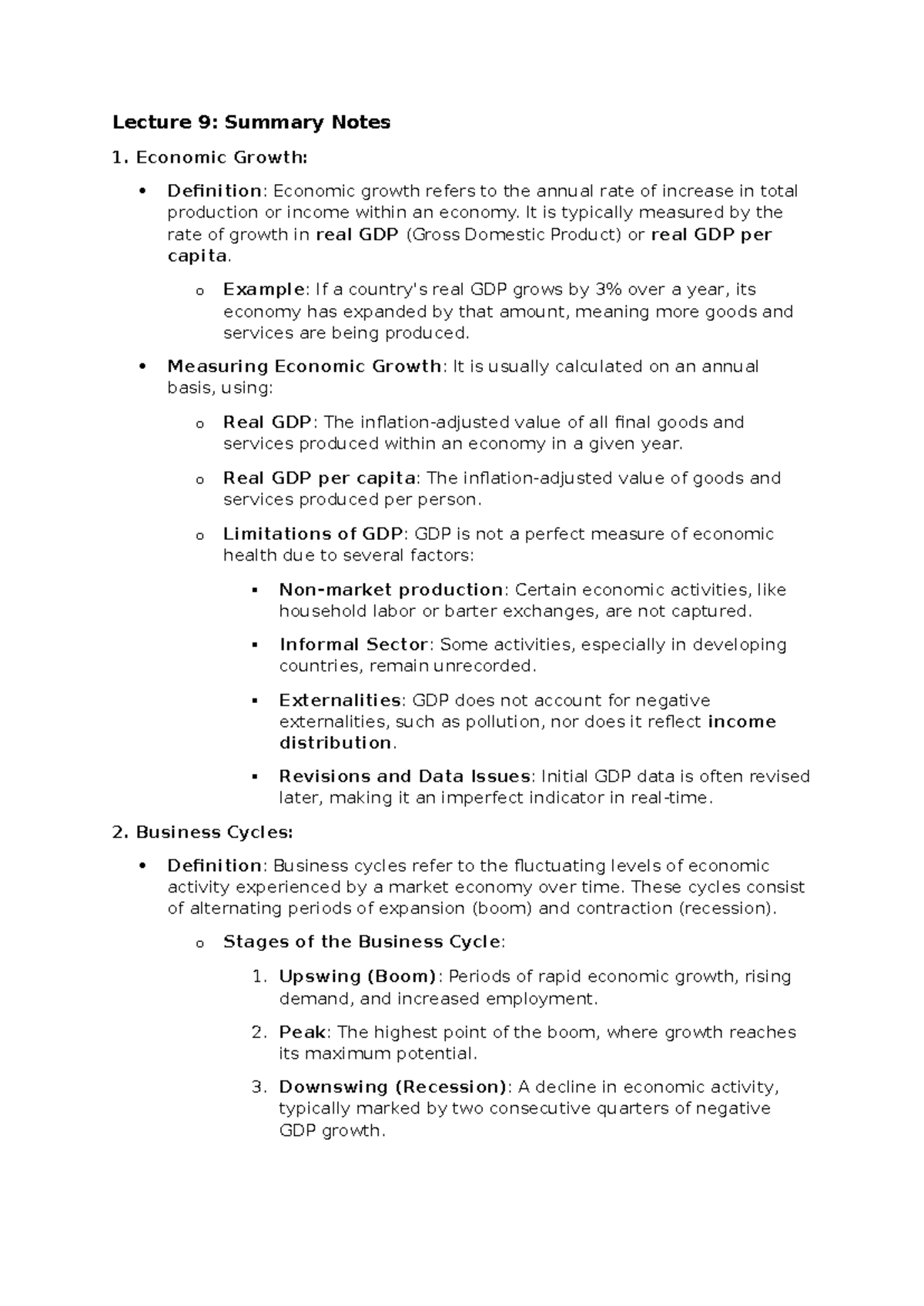Lecture 9: Summary Notes on Economic Growth & Business Cycles - Studocu