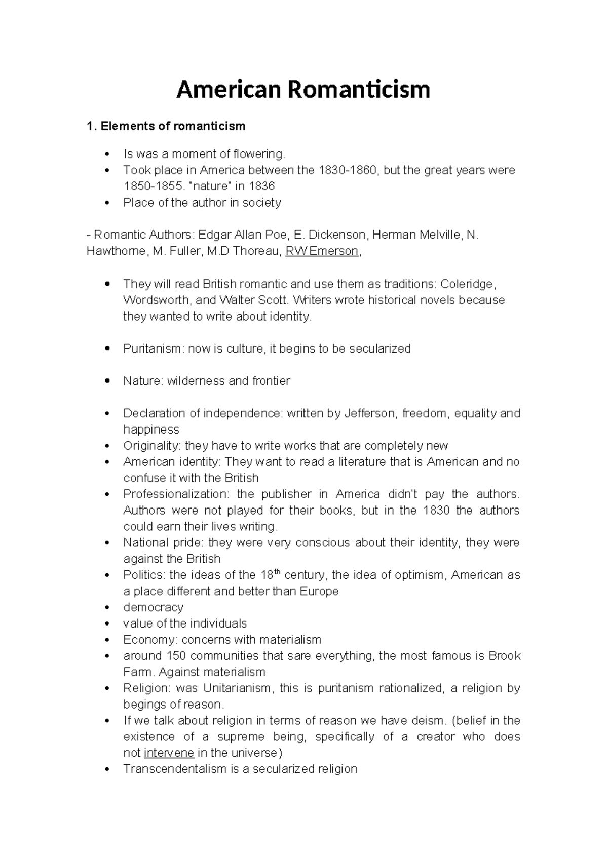 American Romanticism: Key Themes & Authors in AR 2023 Outline - Studocu
