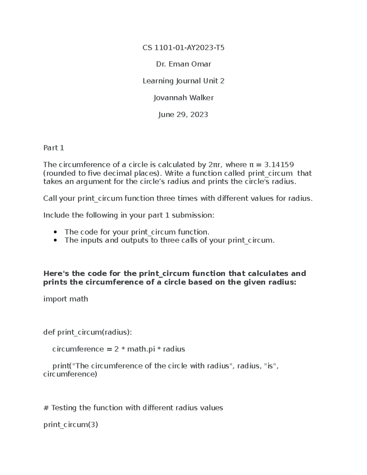 Learning Journal CS 1101 Unit 2: Circle Circumference & Catalog Project - Studocu