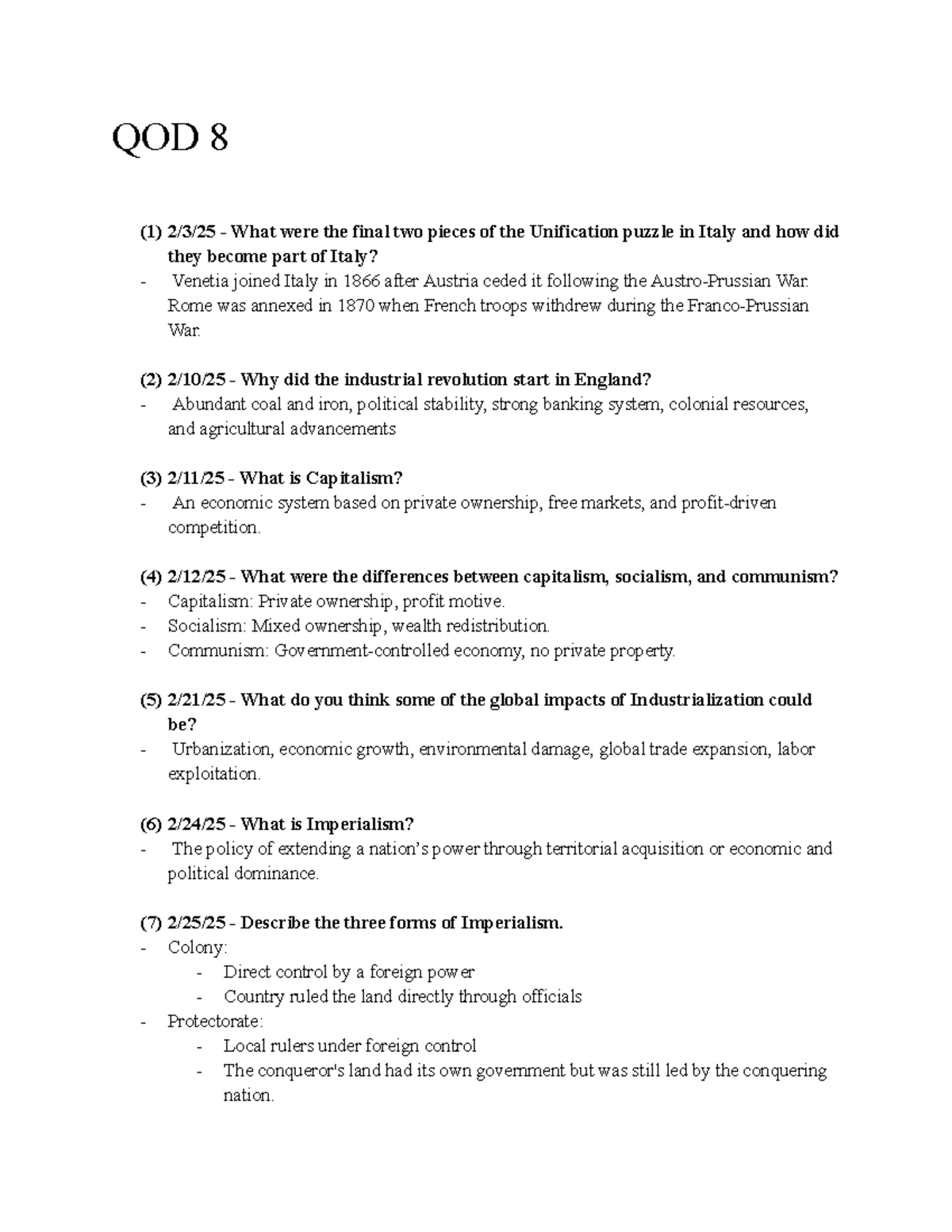 Question of the Day 8 - QOD 8 (1) 2/3/25 - What were the final two ...