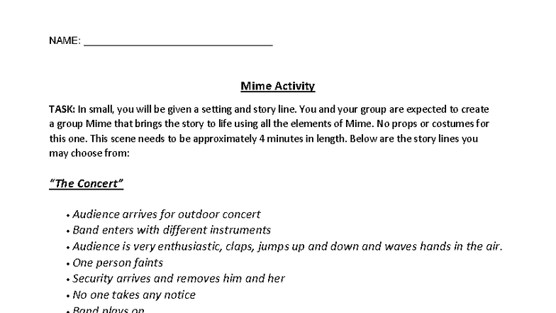 Group Mime Activity: Creative Storytelling Through Movement - Studocu
