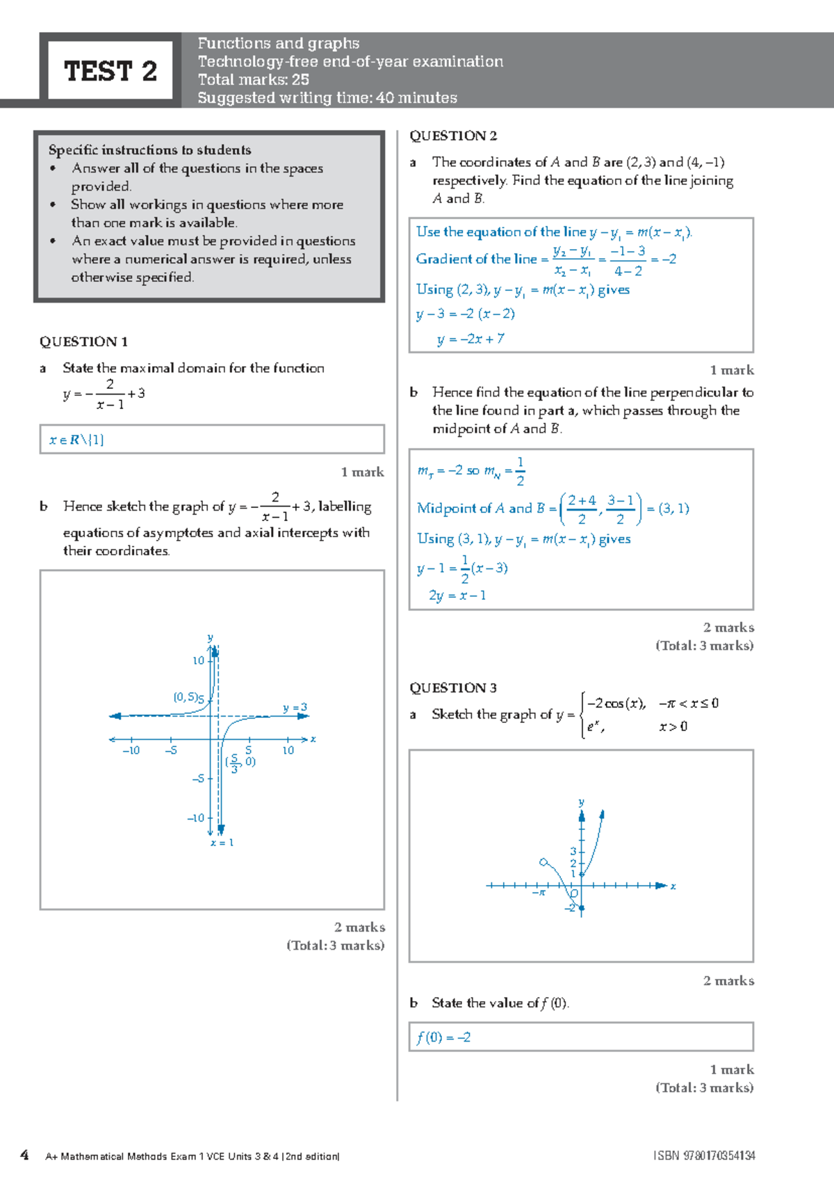 Mathematical Methods Exam 1 VCE Units 3 & 4 - Functions & Graphs Test 2 ...