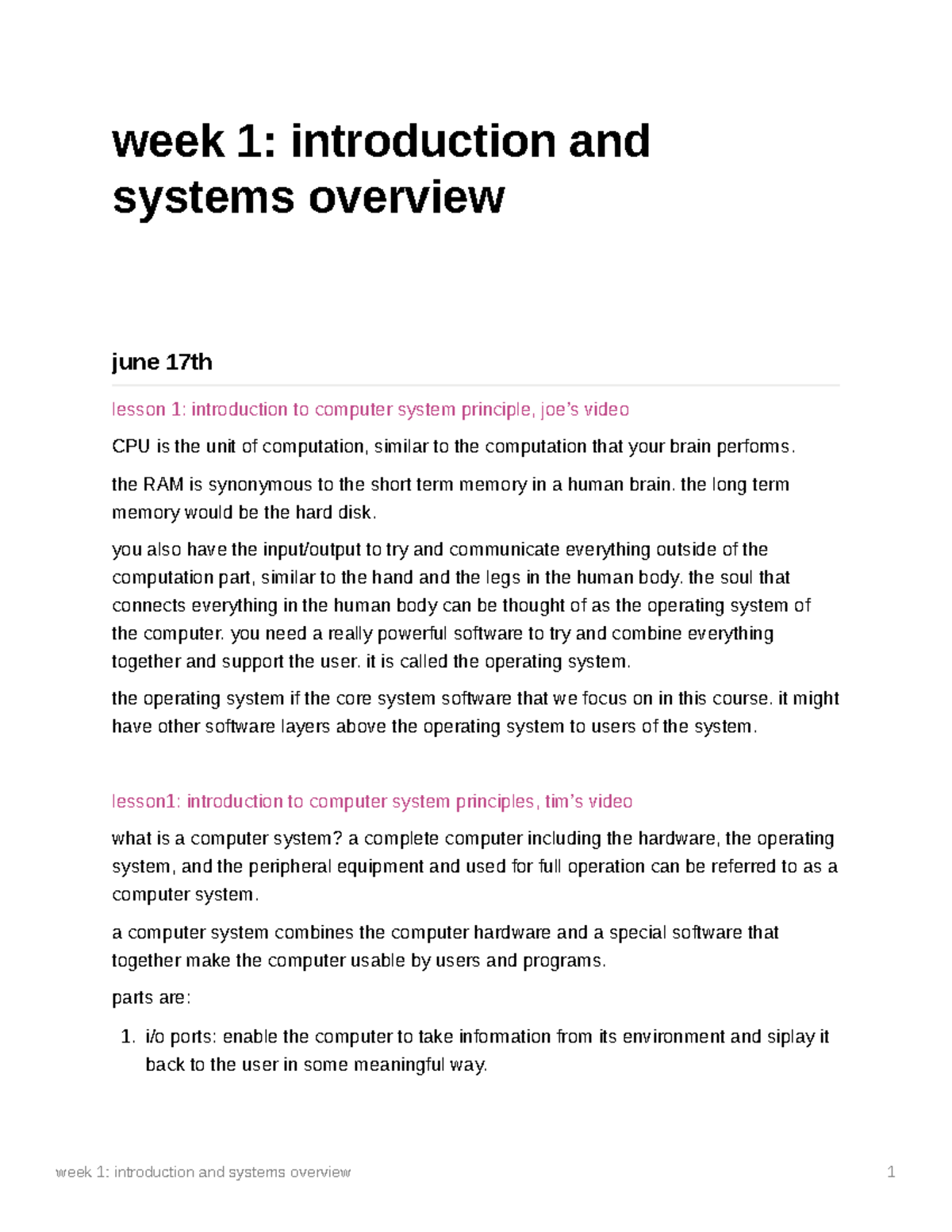 Week 1 introduction and systems overview - week 1: introduction and systems overview june 17th ...