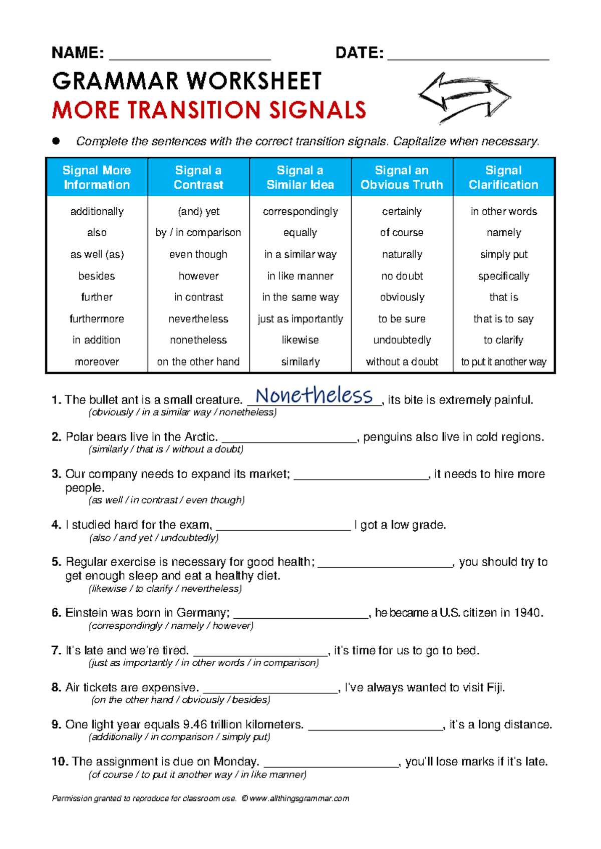 Atg Grammar Worksheet: More Transition Signals Practice - Studocu