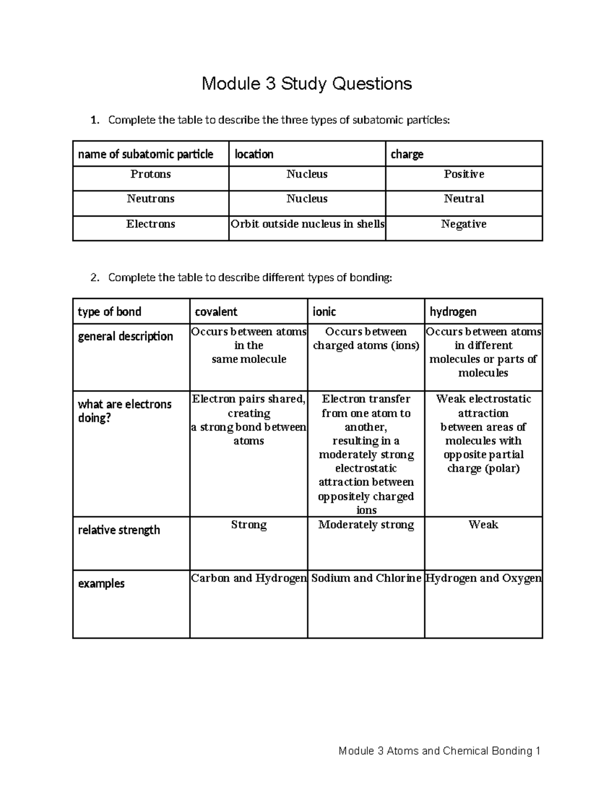 Module 3 Study Questions: Atoms & Chemical Bonding - Studocu