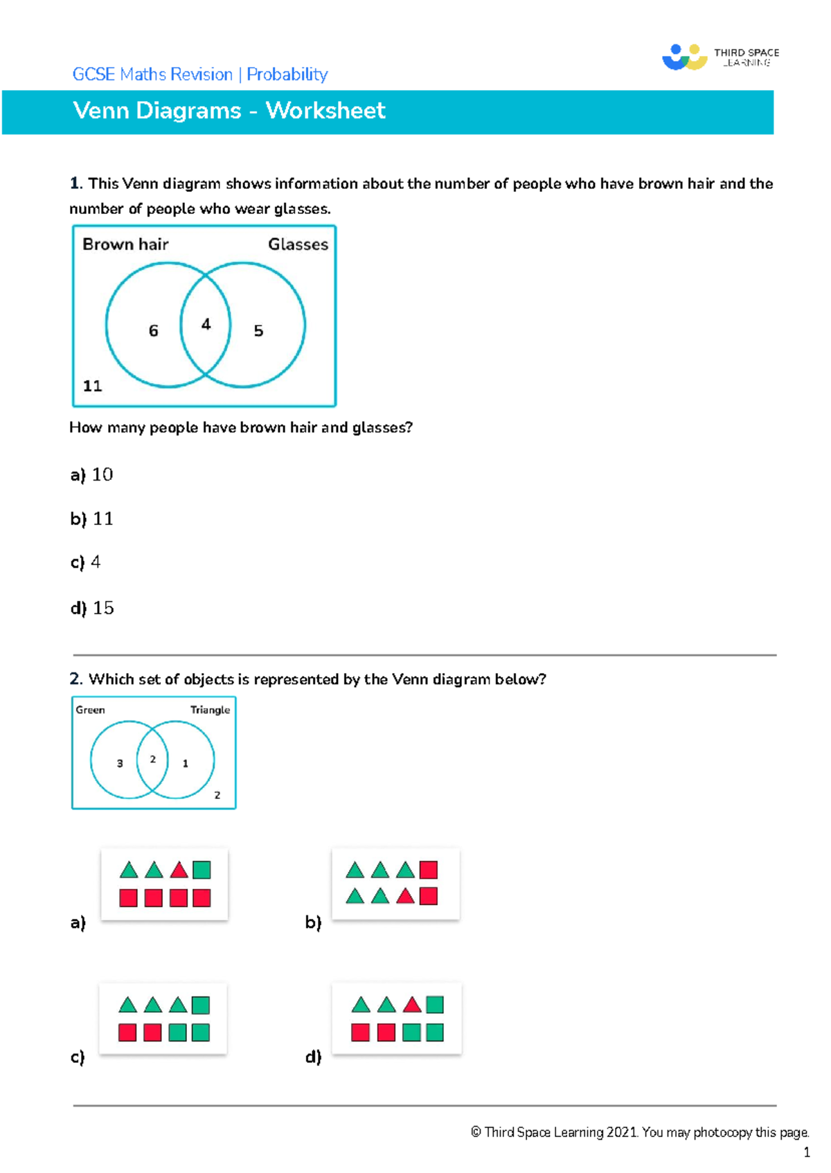 Venn Diagrams Practice Worksheet - Questions & Answers 2021 - Studocu