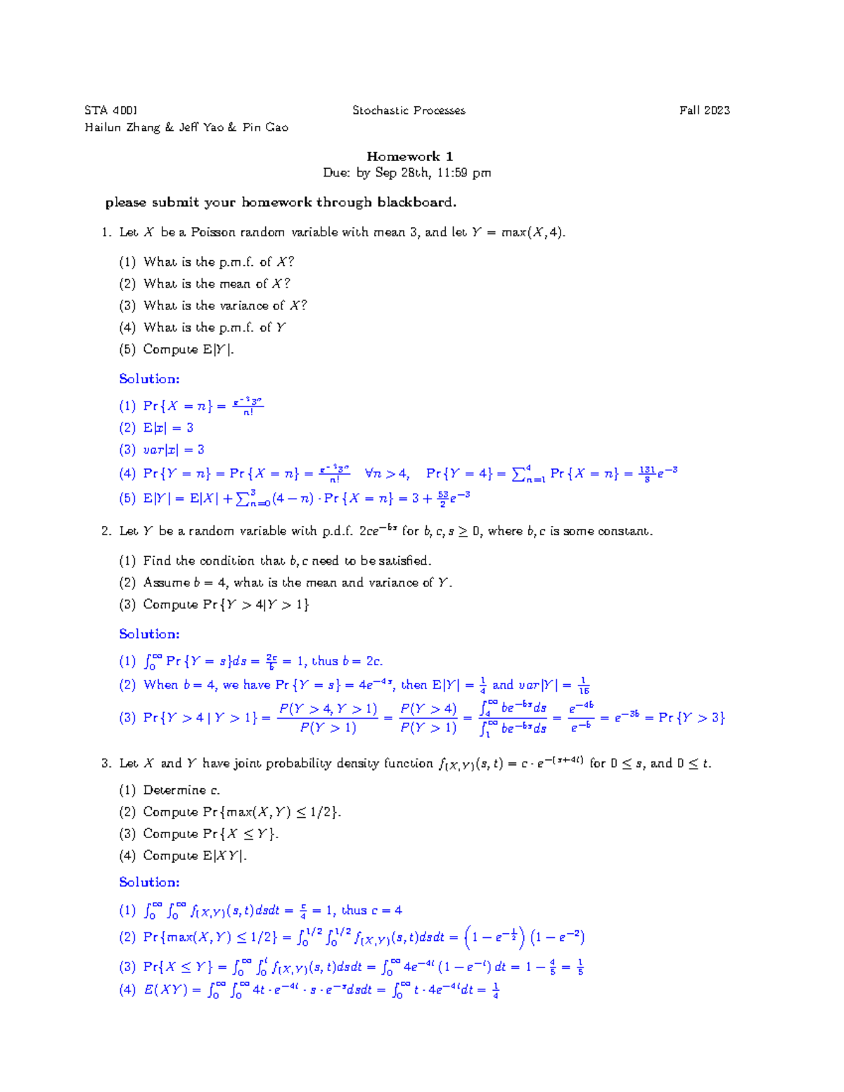 STA 4001 Stochastic Processes Fall 2023 Homework 1 Solutions - Studocu