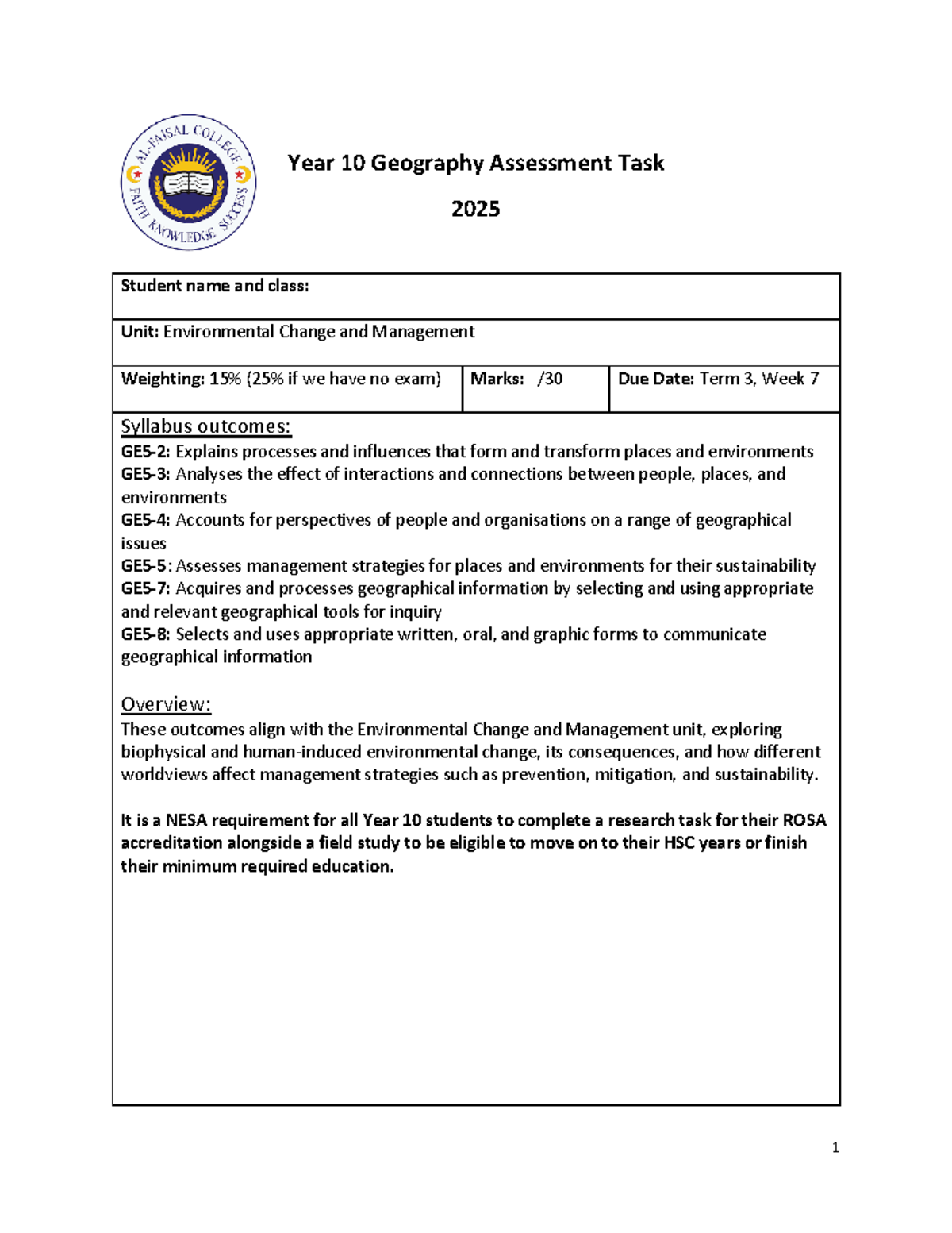 Year 10 Geography Assessment Task: Environmental Change & Management ...