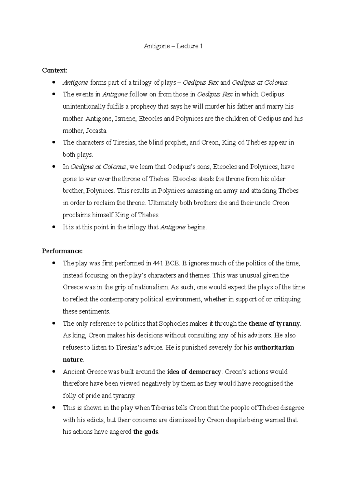 Antigone Lecture 1: Context, Themes, and Character Analysis - Studocu