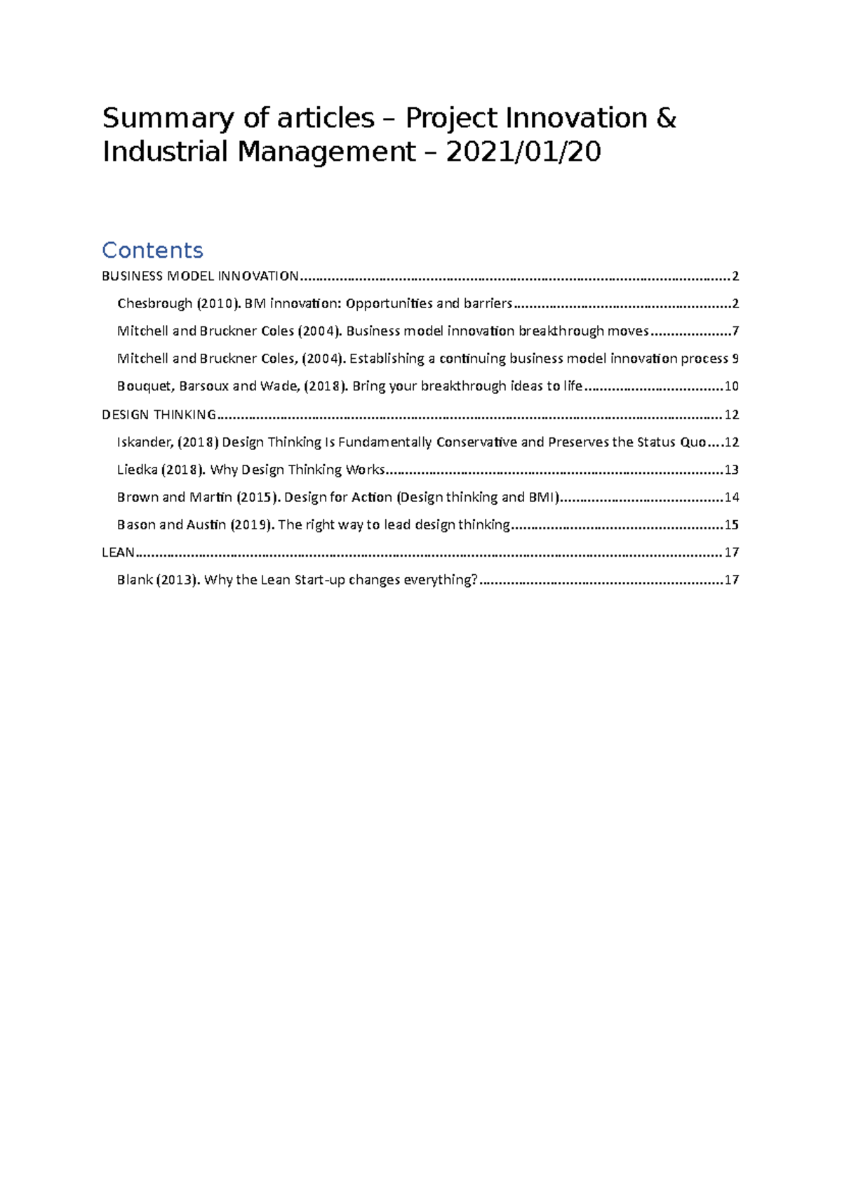 Summary of articles - - Studocu