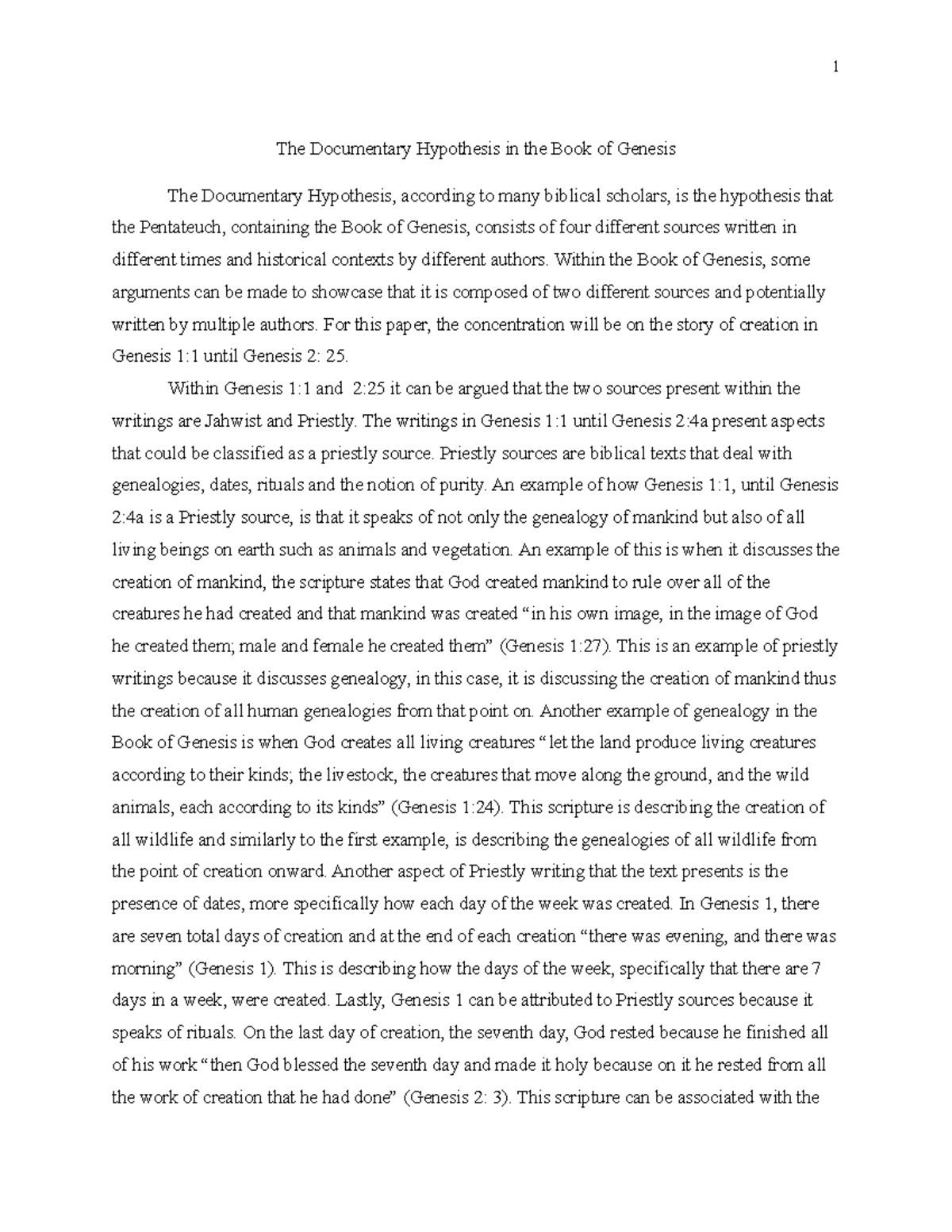 THEO 202 - Unit 2 Paper: The Documentary Hypothesis in Genesis - Studocu